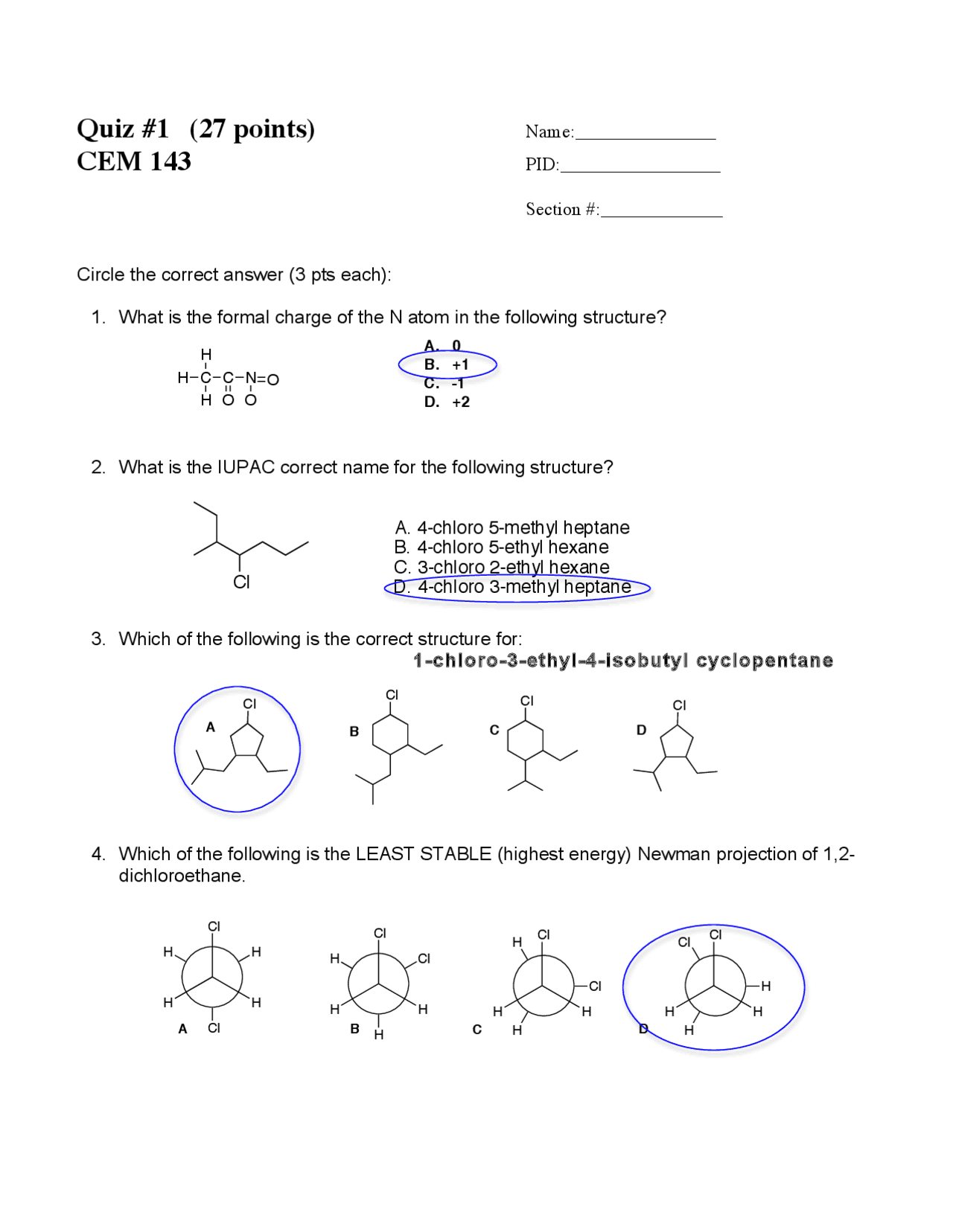 Multiple Choice With Solutions Quiz 1 Survey Of Organic Chemistry Cem 143 Docsity