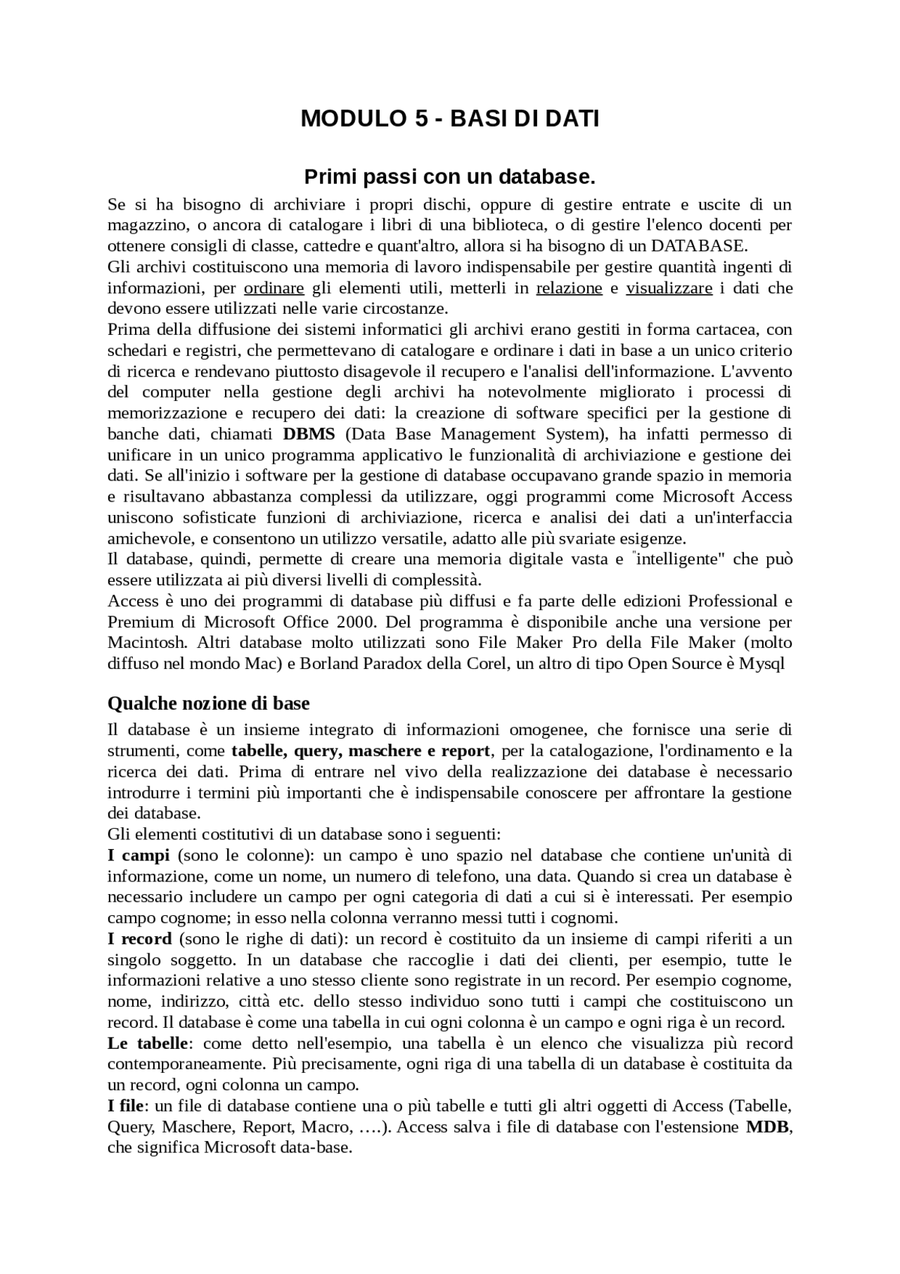 Appunti Ecdl Modulo5 Access Docsity