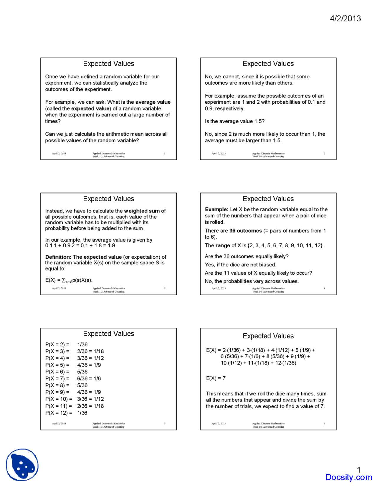 Expected Values Applied Discrete Mathematics Lecture Slides Docsity