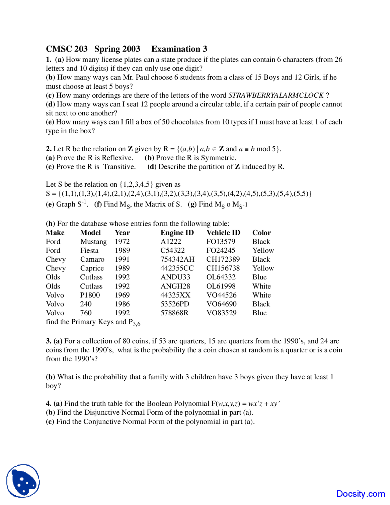 Disjunctive Normal Form Discrete Structures Exam Docsity