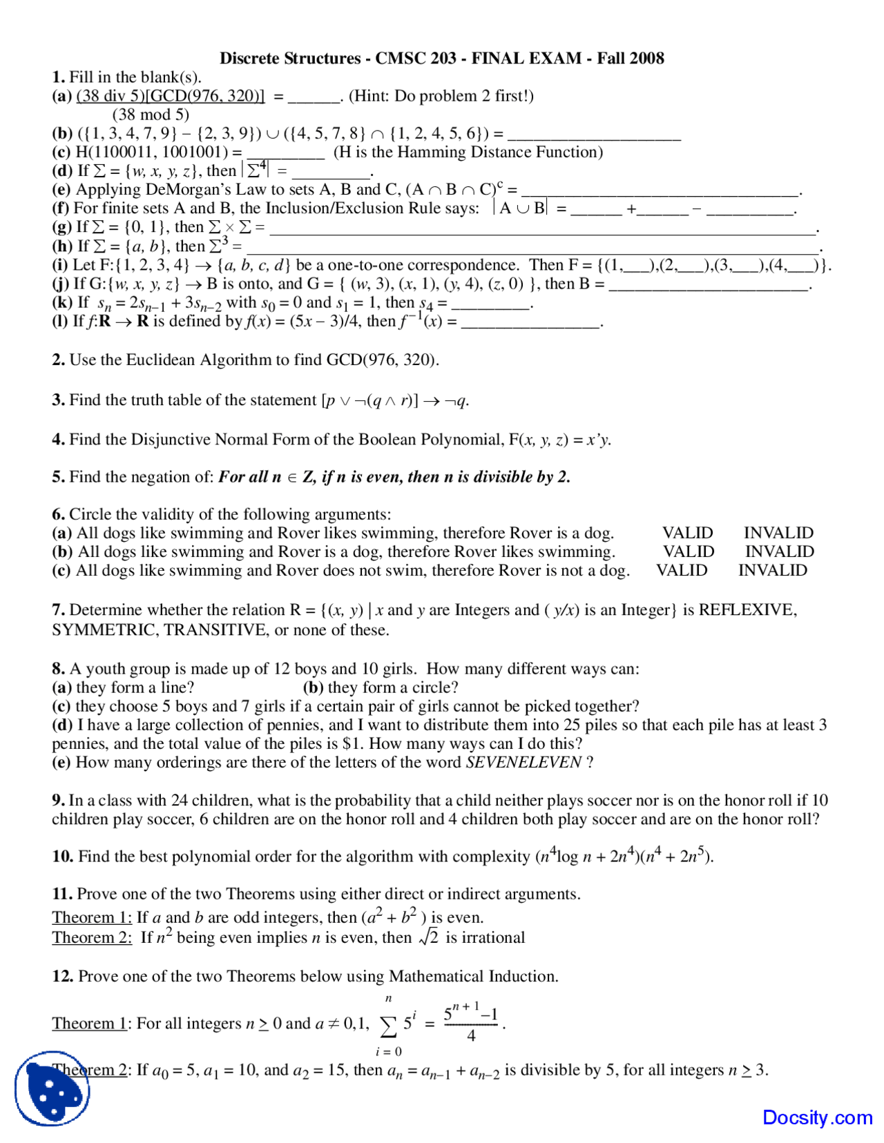 DeMorgan’s Law - Discrete Structures - Exam - Docsity