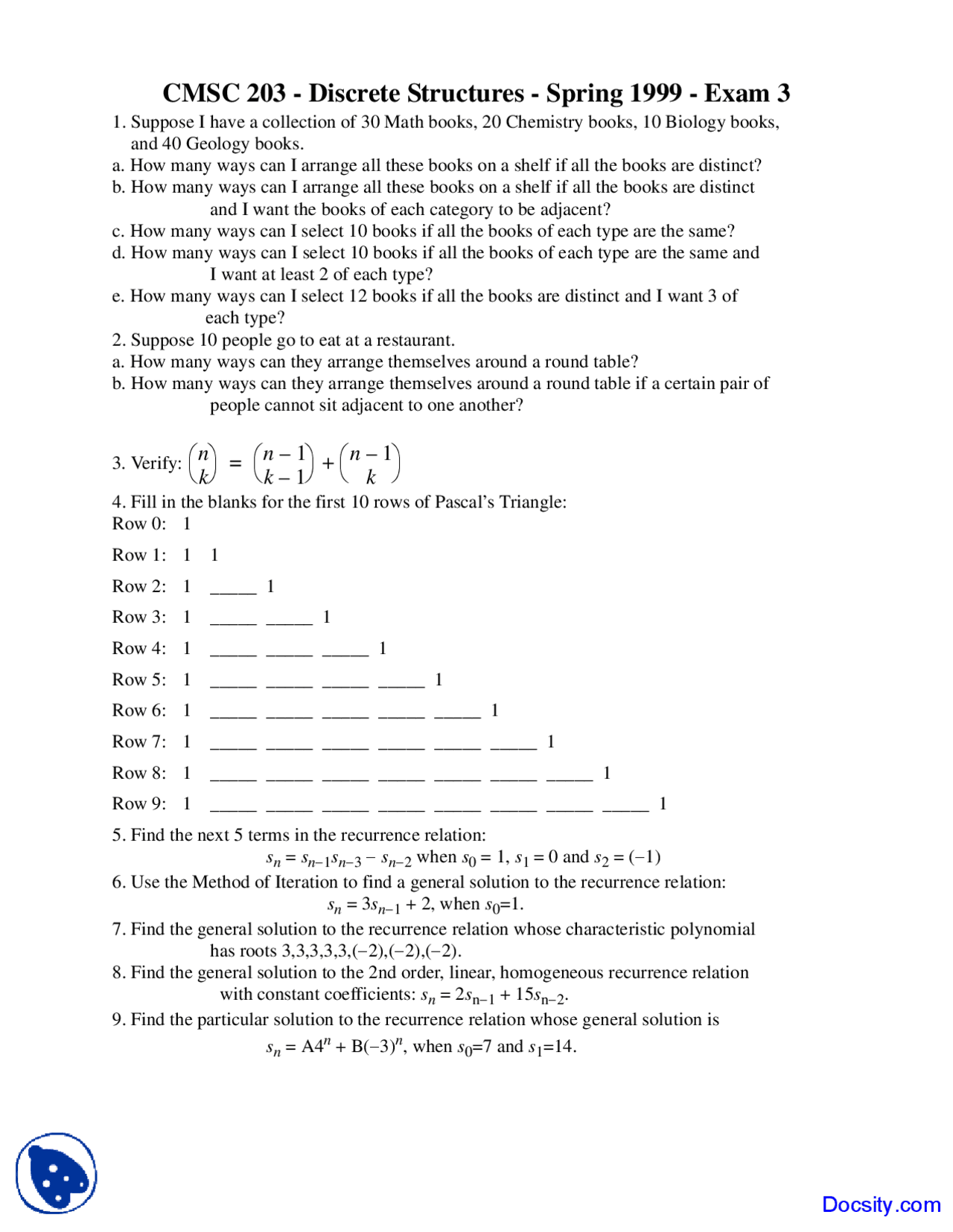 Homogeneous Recurrence Relation - Discrete Structures - Exam - Docsity