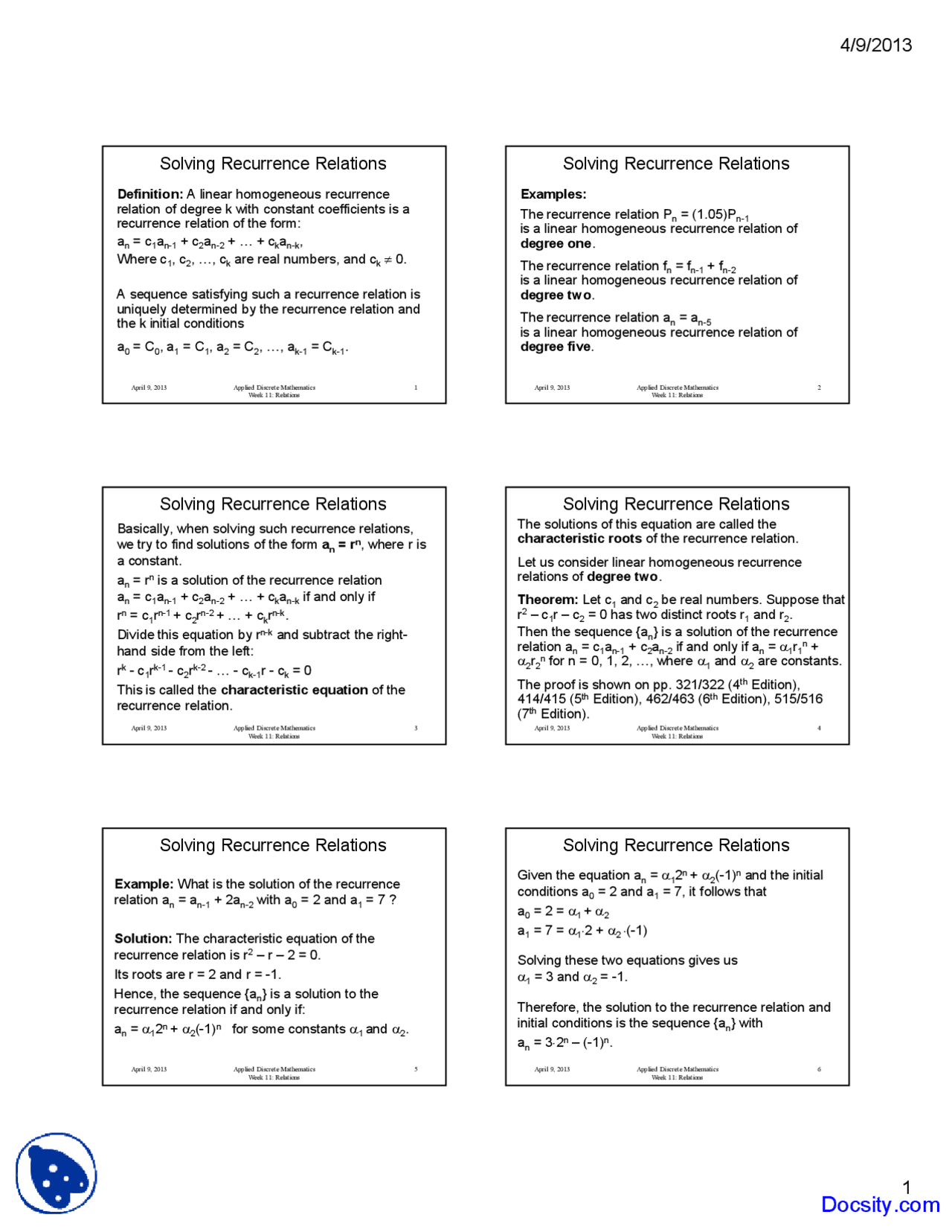 Solving Recurrence Relations - Applied Discrete Mathematics - Lecture Slides - Docsity