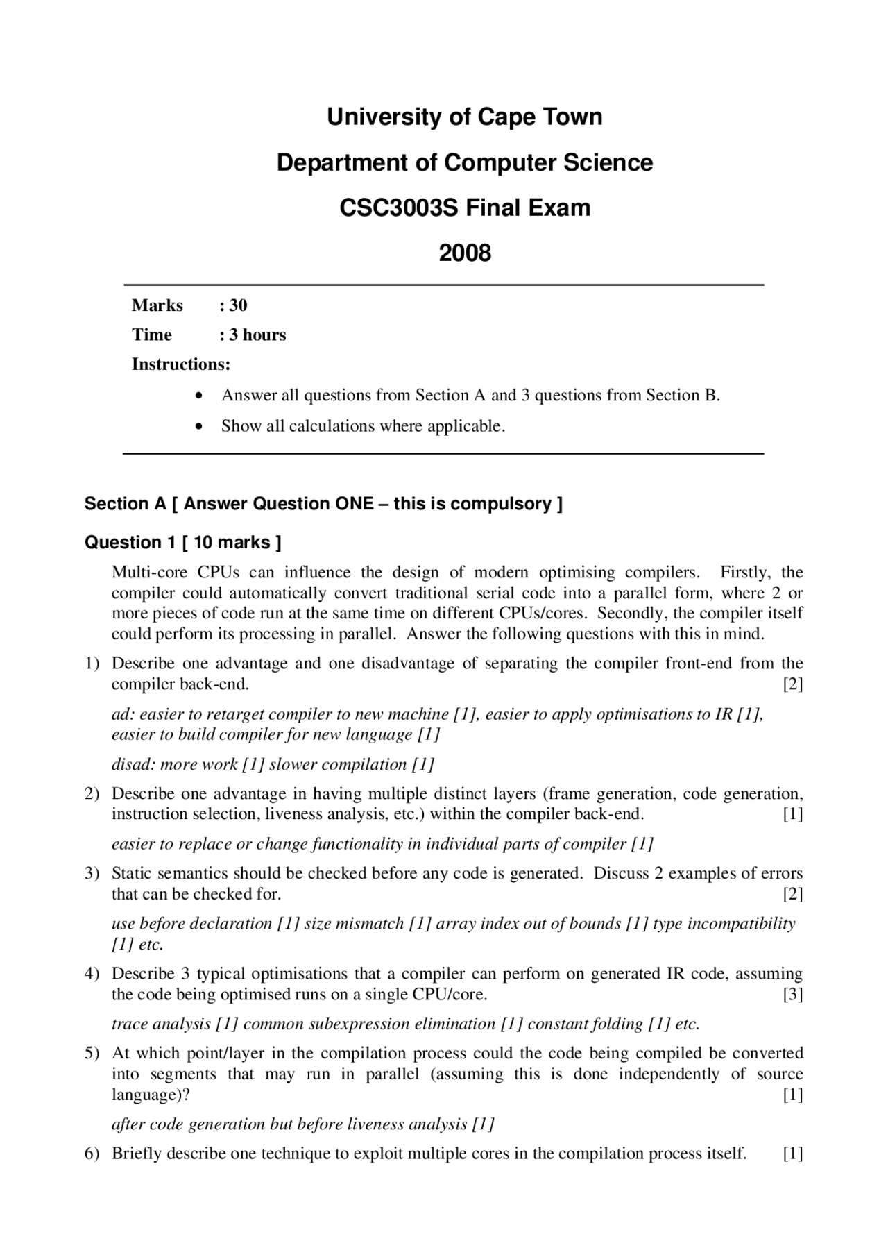 Modern Optimising Code Generation Exam Docsity