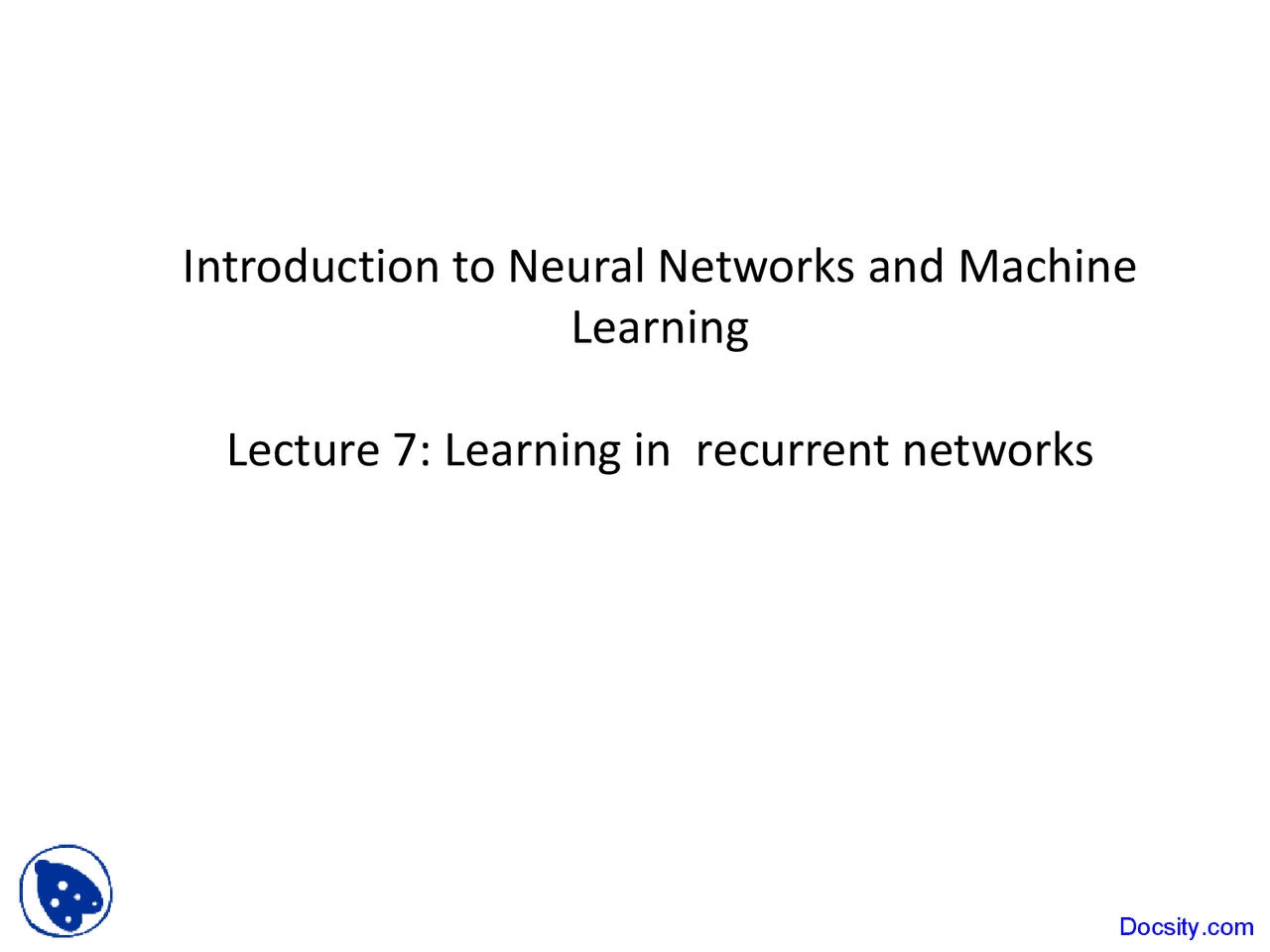 Recurrent Networks Artificial Neural Network Lecture Slides Docsity