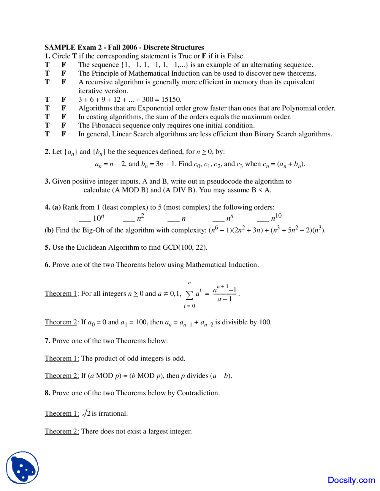 Alternating Sequence Discrete Structures Exam Docsity