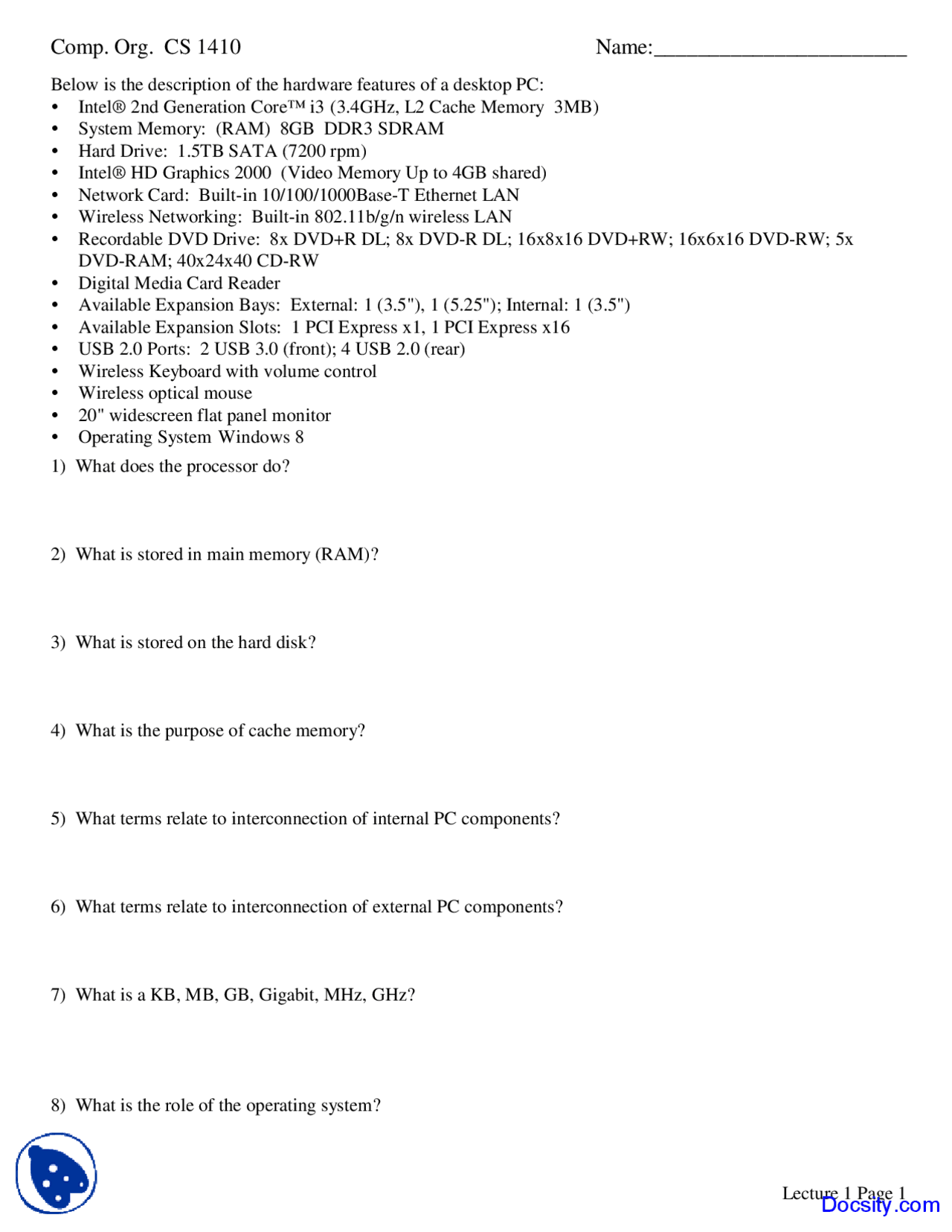 Stored In Main Memory Computer Organization Homework Docsity
