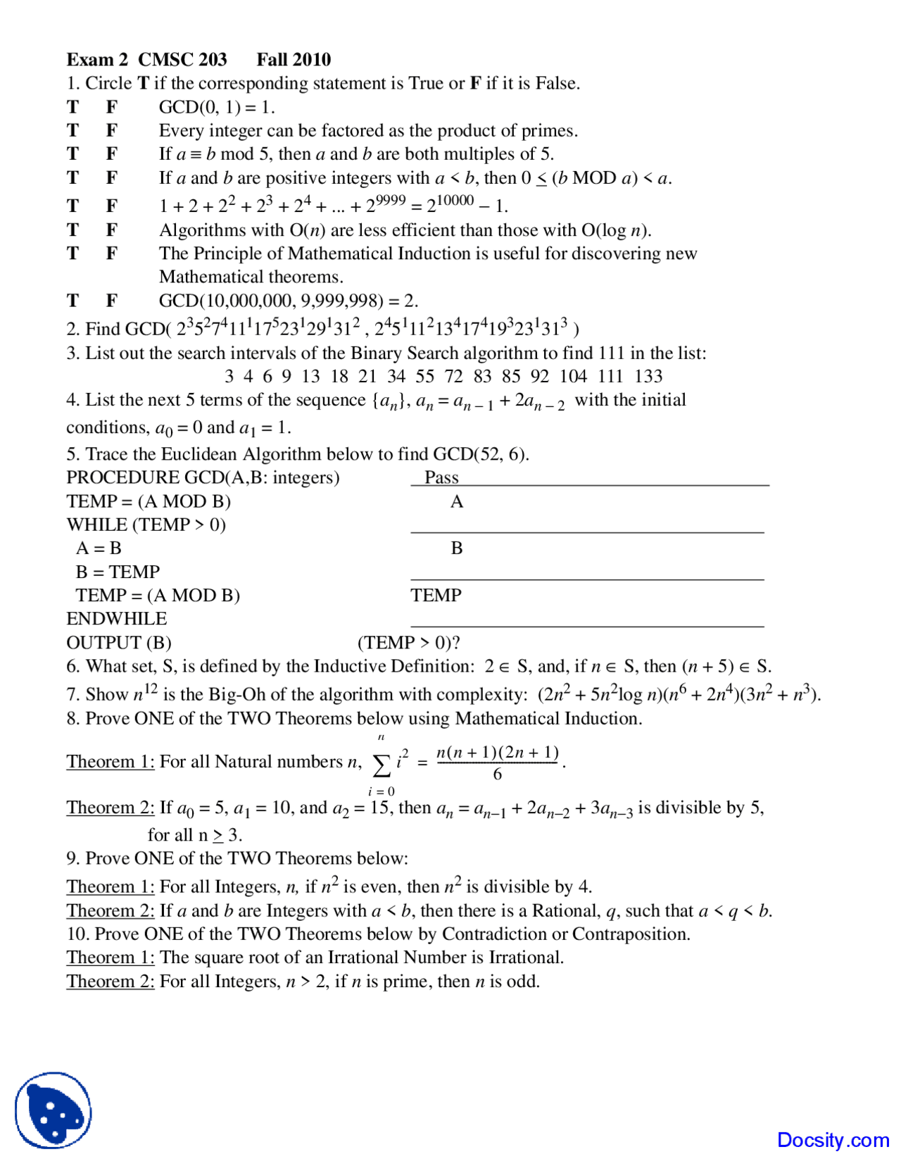 Product of Primes - Discrete Structures - Exam - Docsity