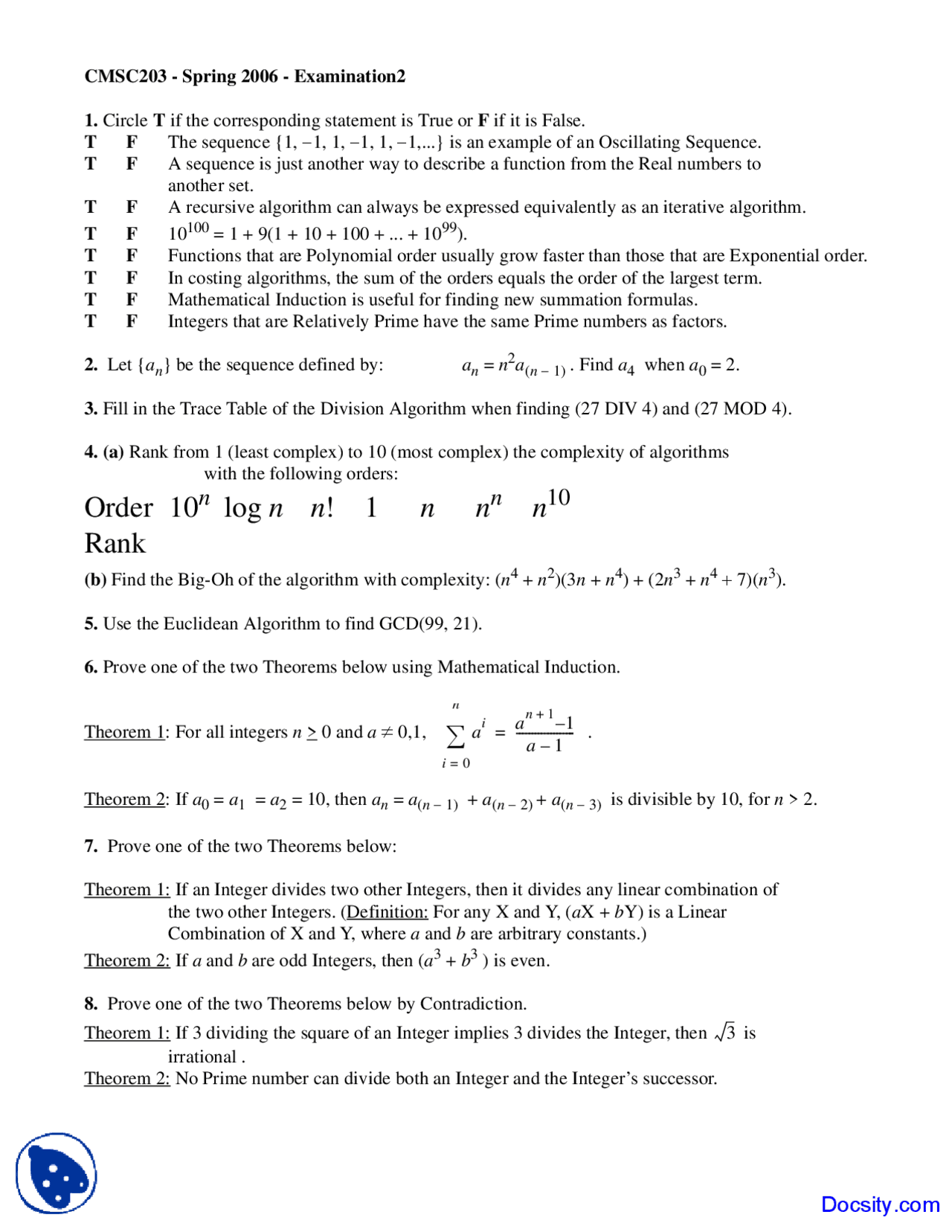 Oscillating Sequence Discrete Structures Exam Docsity