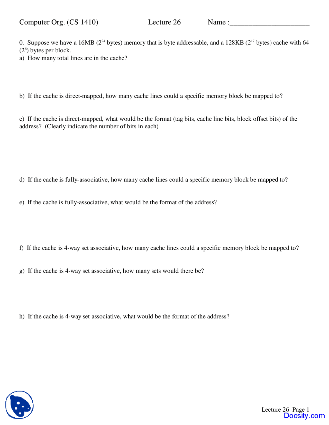 Specific Memory Block Computer Organization Homework Docsity