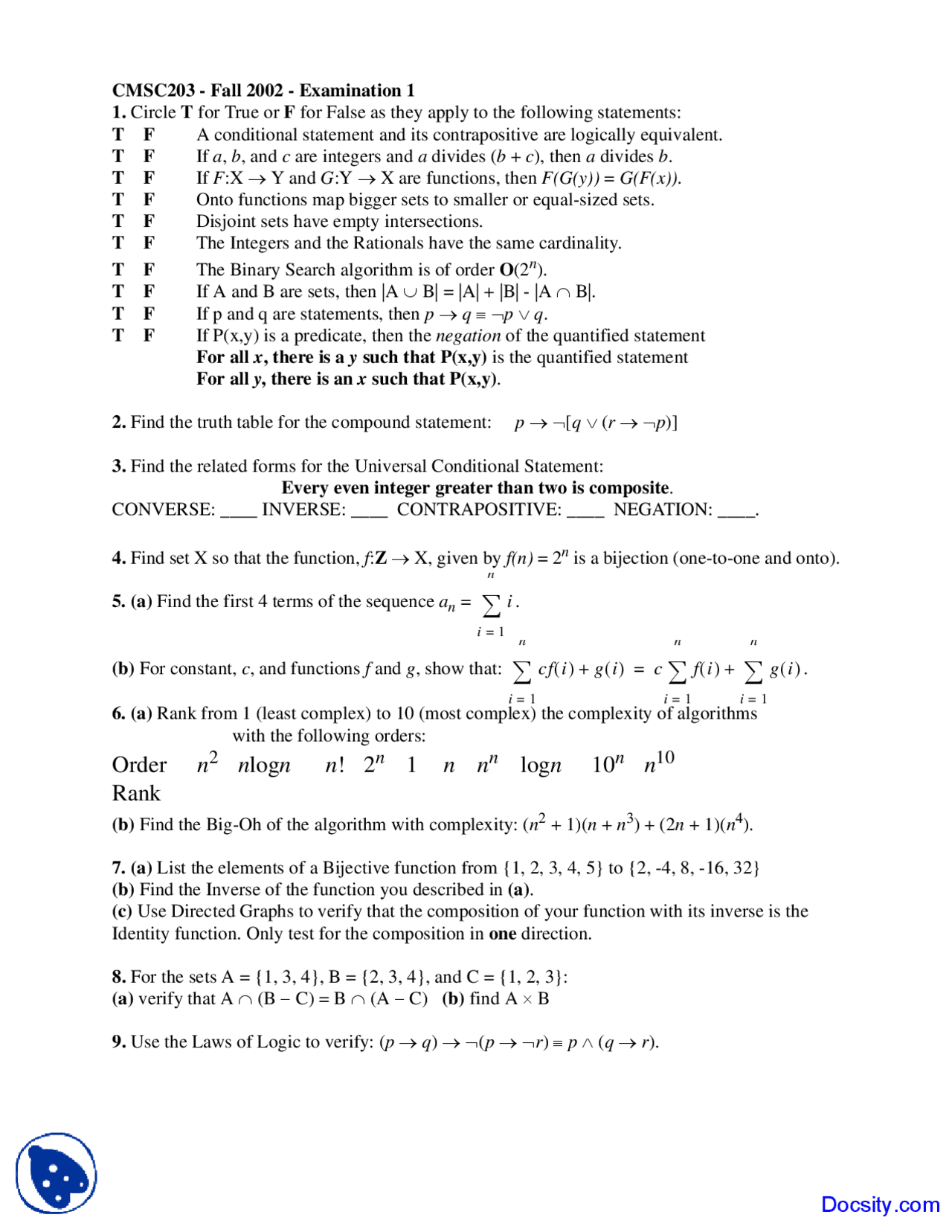Conditional Statement Discrete Structures Exam Docsity