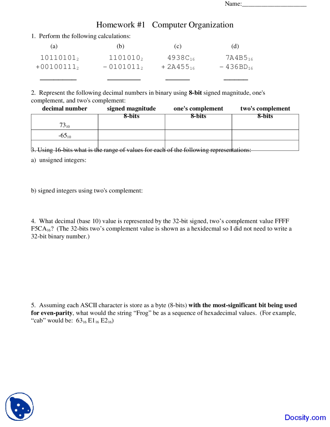 Decimal Numbers - Computer Organization - Homework - Docsity