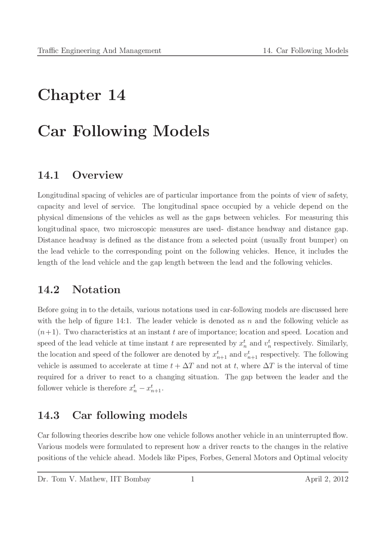 Car Following Models - Traffic Engineering and Management - Lecture ...