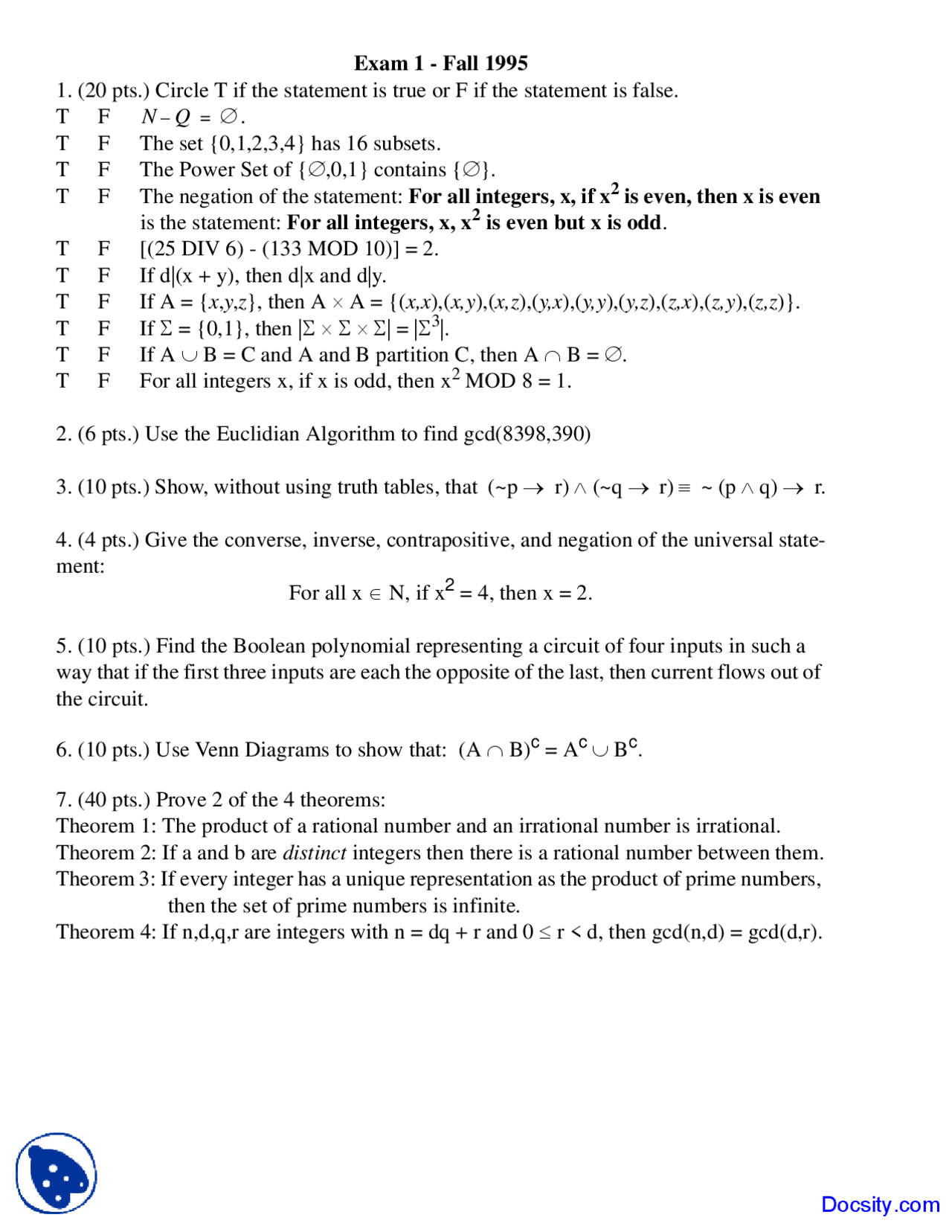 Euclidian Algorithm Discrete Structures Exam Docsity 