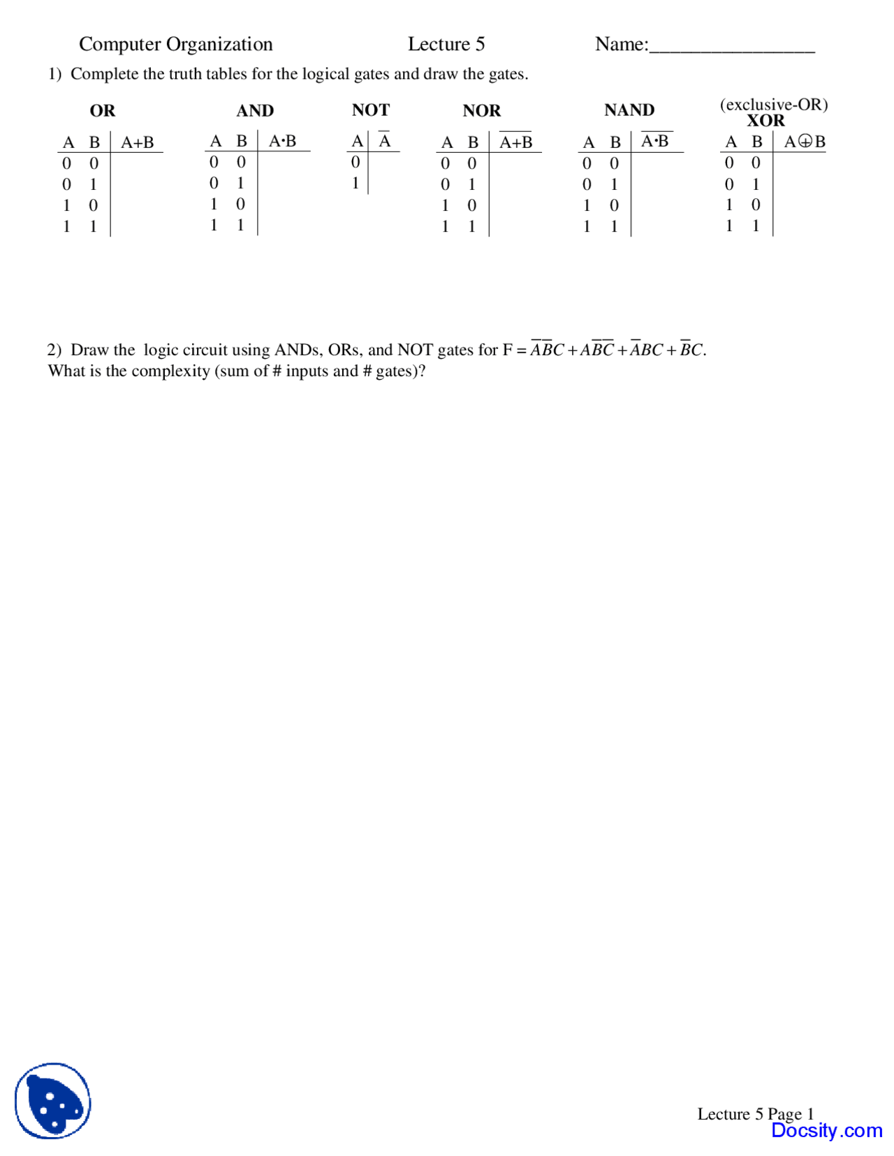 Truth Tables Computer Organization Homework Docsity
