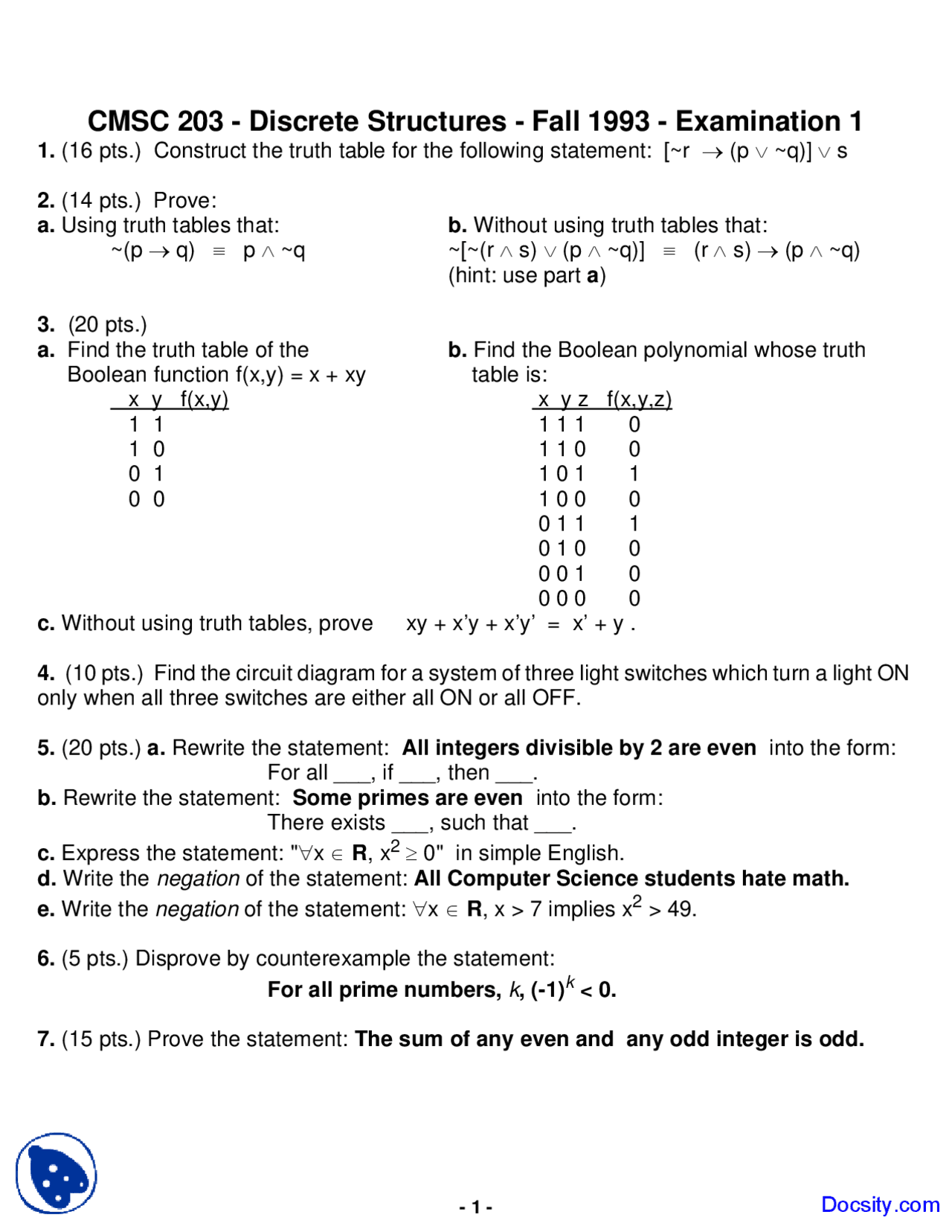 Boolean Function Discrete Structures Exam Docsity