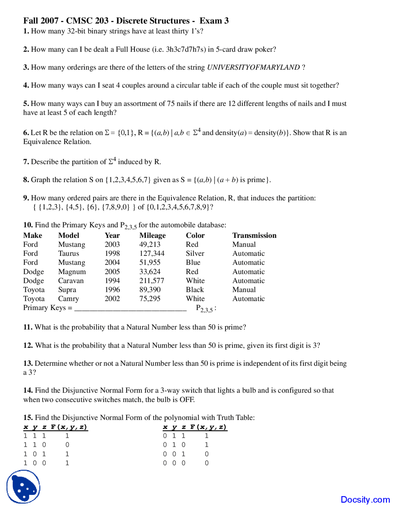 Binary Strings - Discrete Structures - Exam - Docsity