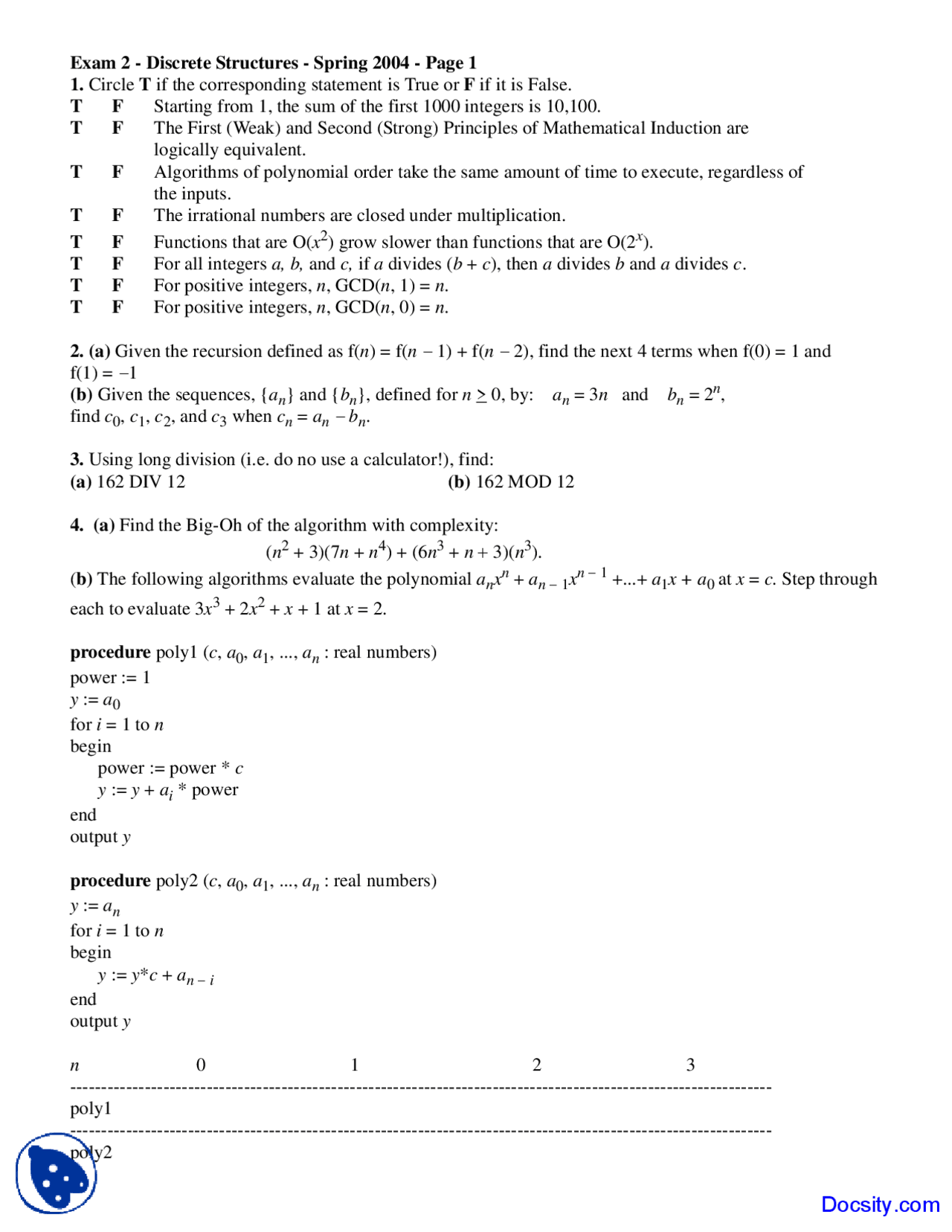 Algorithms Of Polynomial Order Discrete Structures Exam Docsity