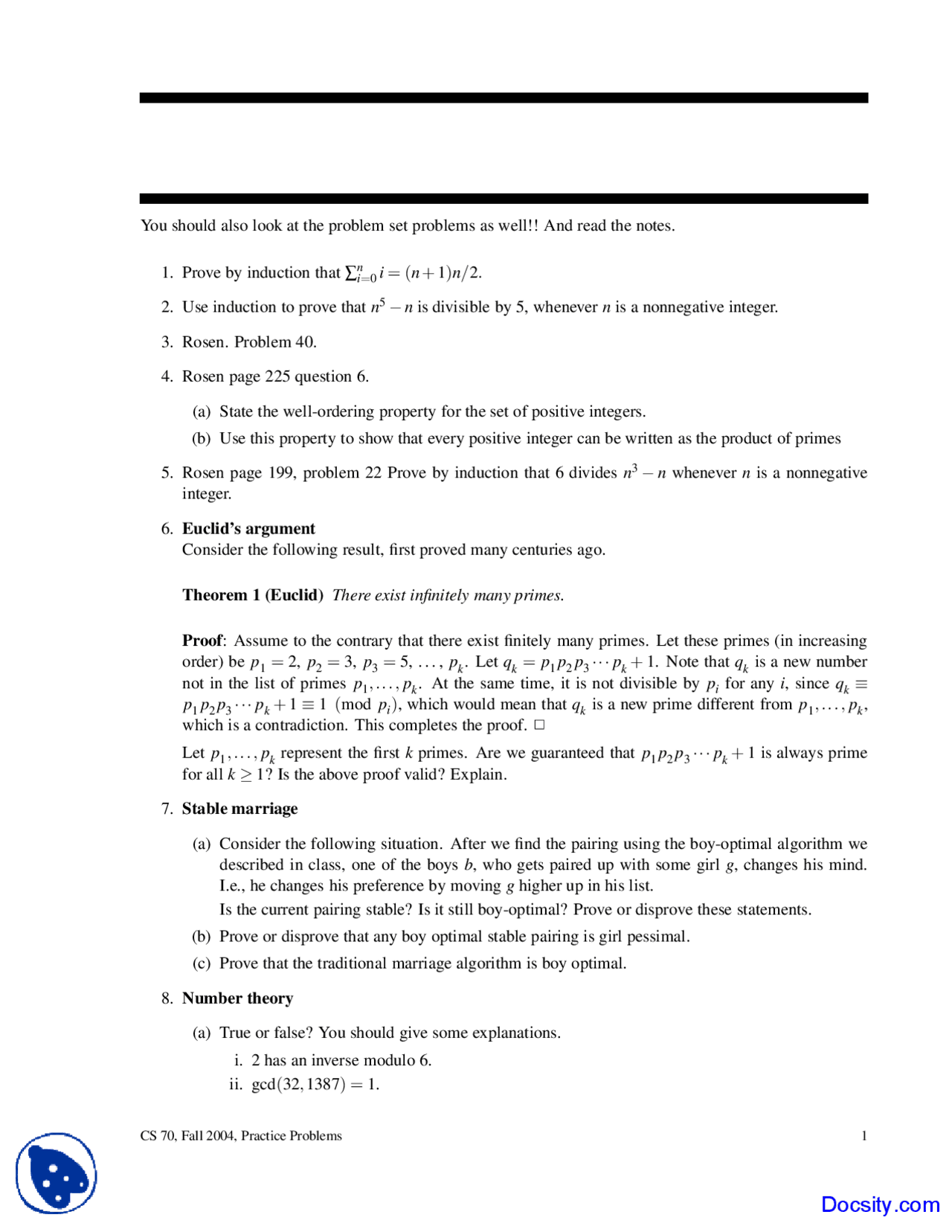 Euclid’s Argument - Discrete Mathematics and Probability Theory - Homework - Docsity