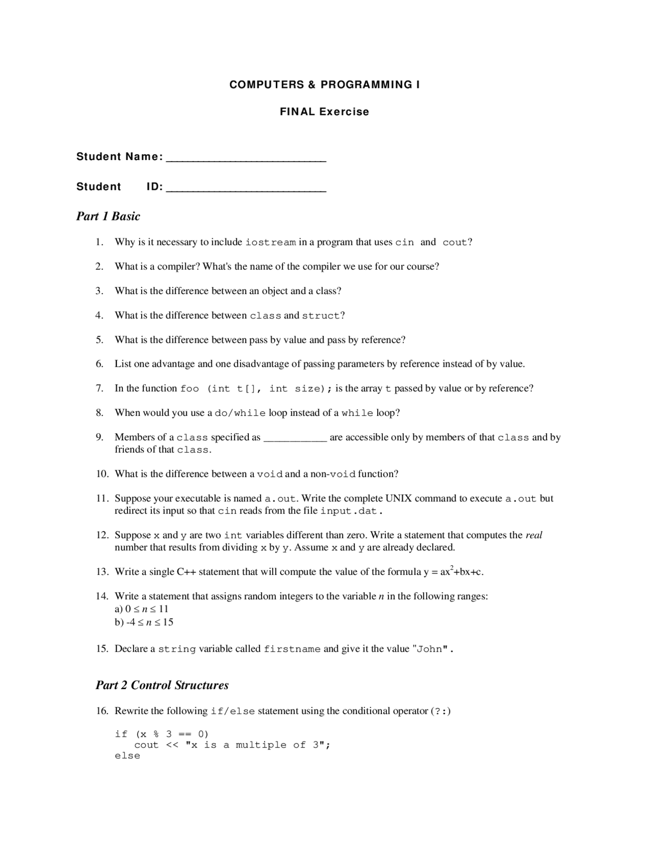 Iostream - Computers and Programming I - Assignment | Exercises Computer Programming | Docsity