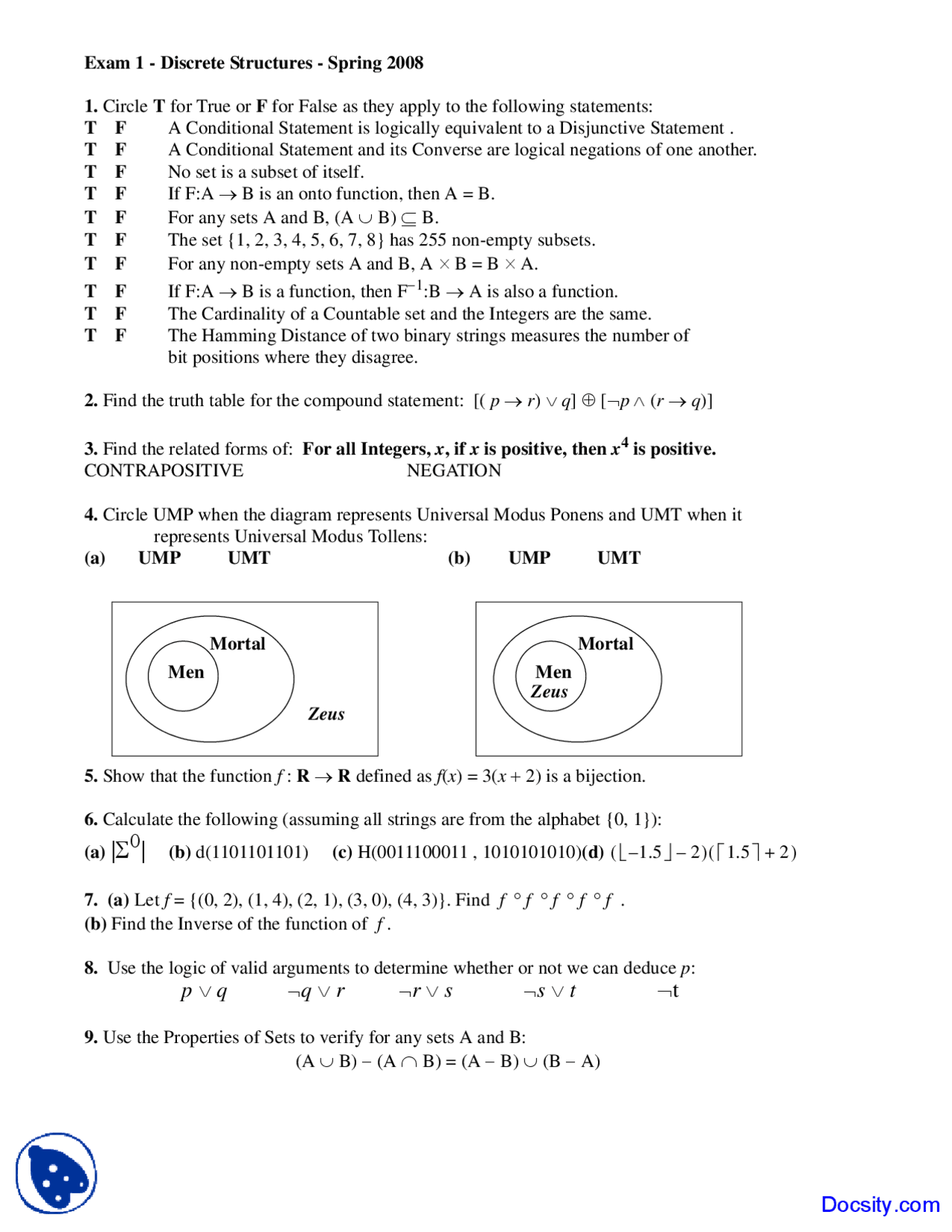 Universal Modus Ponens Discrete Structures Exam Docsity