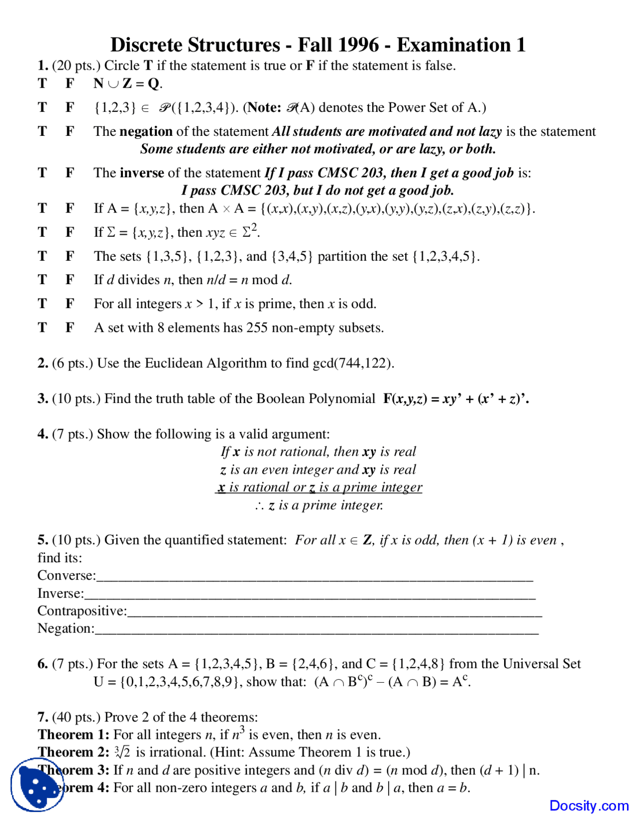 Quantified Statement Discrete Structures Exam Docsity