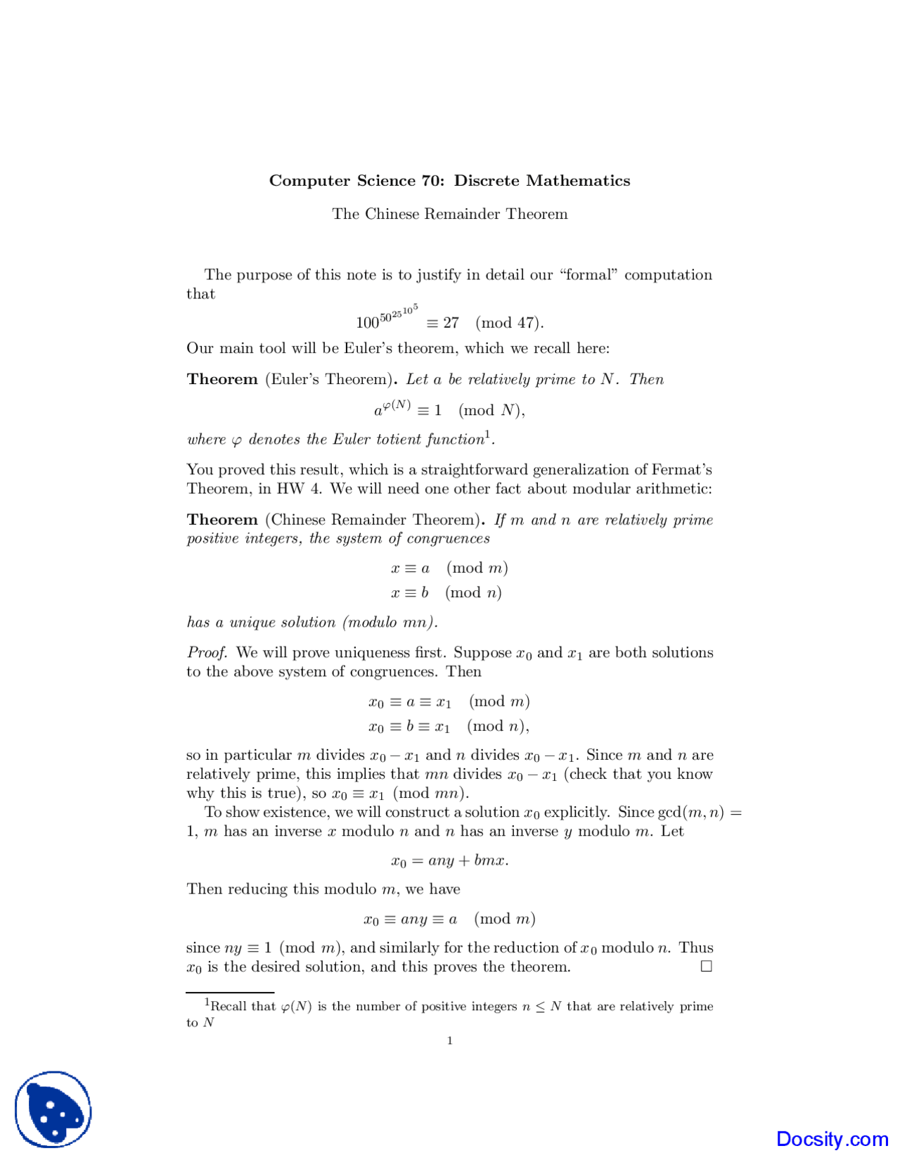 Chinese Remainder Theorem - Discrete Mathematics and Probability Theory ...