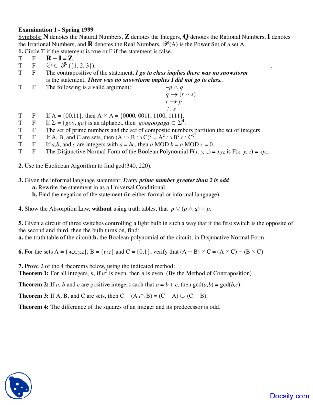 Contrapositive Of Statement Discrete Structures Exam Docsity