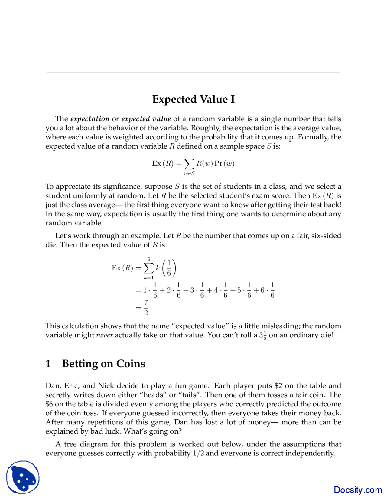 Expected Value Mathematics For Computer Science Lecture Slides