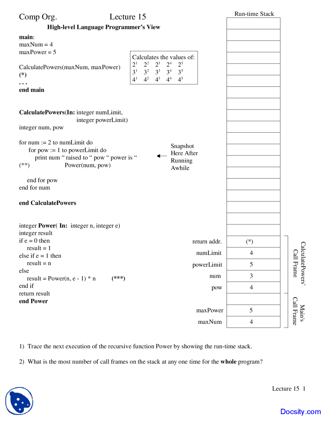 High-level Language Programmer’s View - Computer Organization - Homework - Docsity