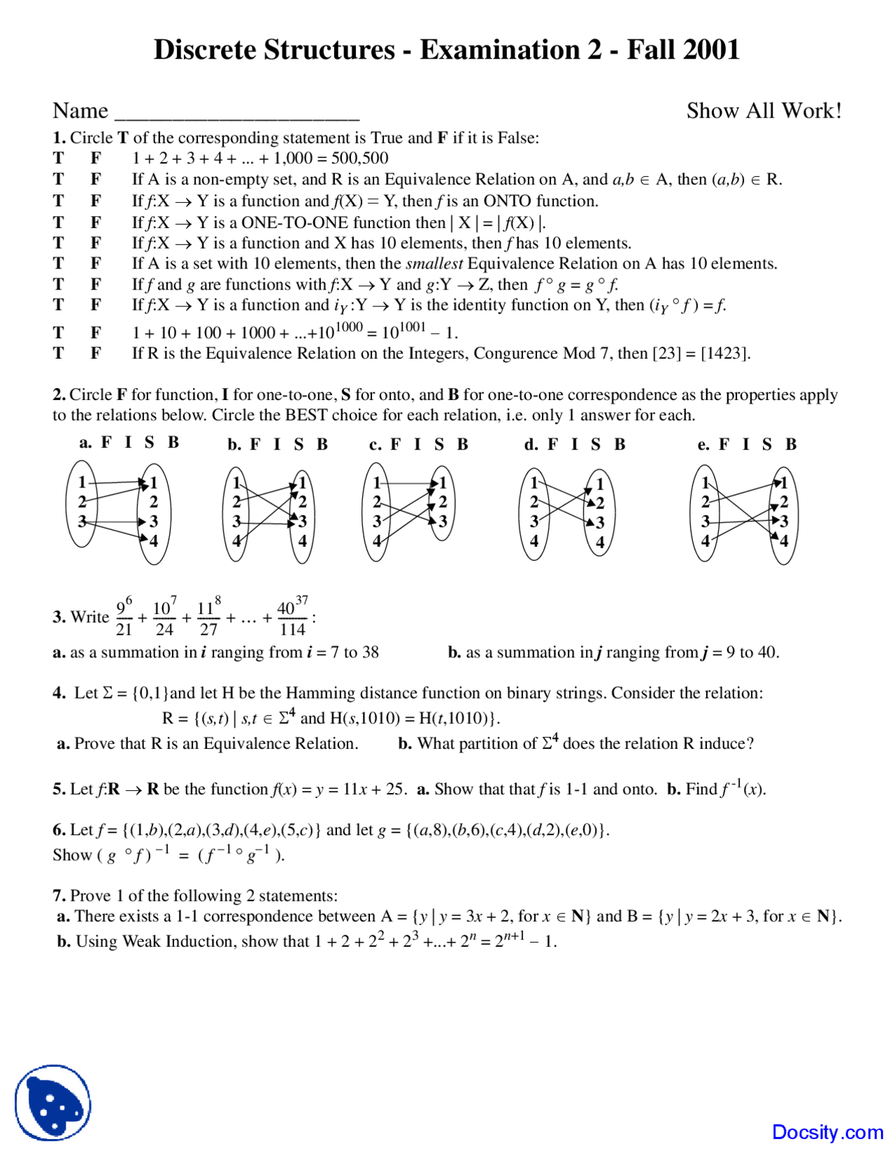 Non Empty Set Discrete Structures Exam Docsity