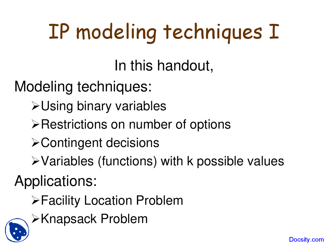 Modeling Techniques Discrete Modeling And Optimization Lecture Slides Docsity