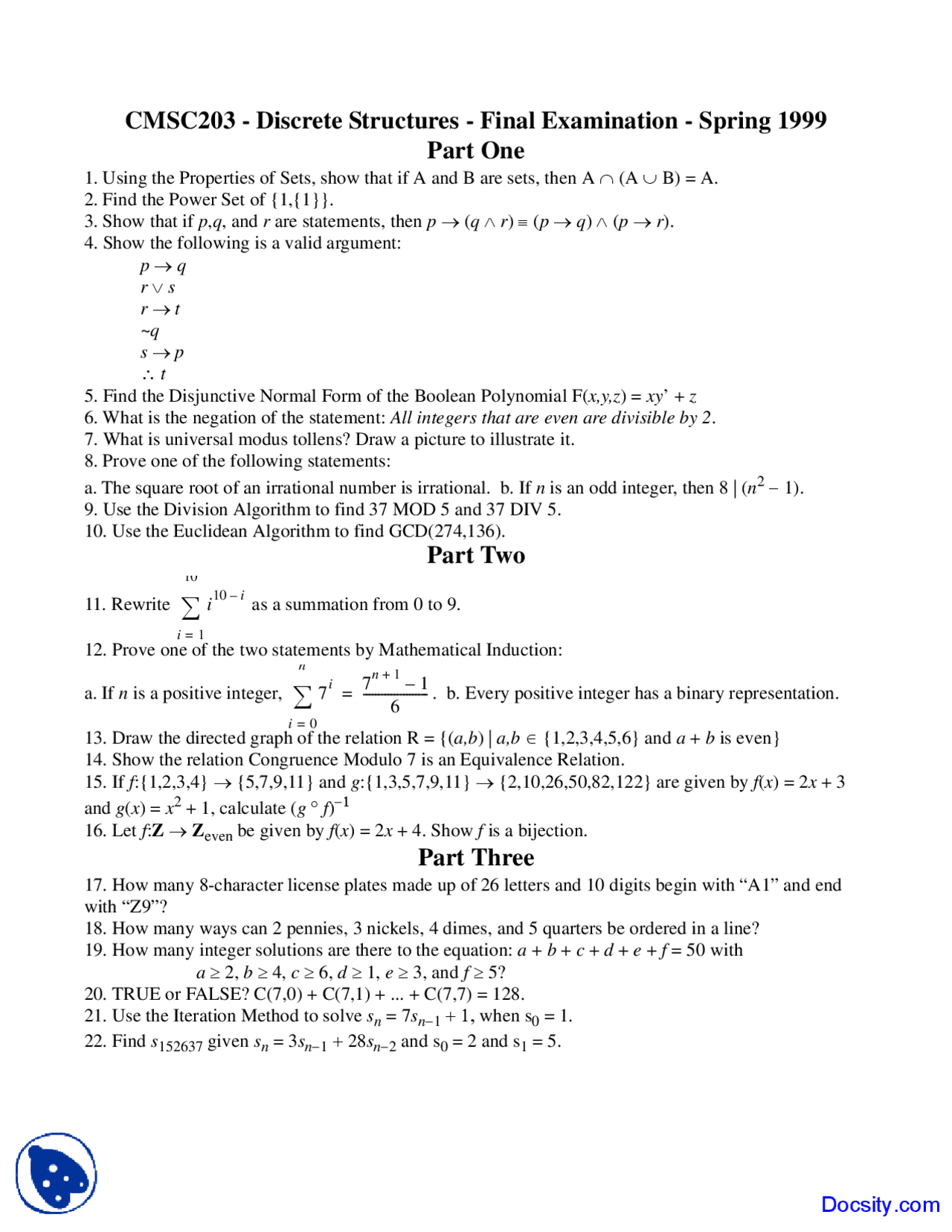 Division Algorithm Discrete Structures Exam Docsity