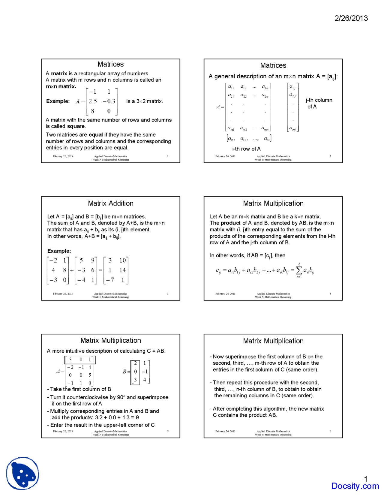 Matrices Applied Discrete Mathematics Lecture Slides Docsity