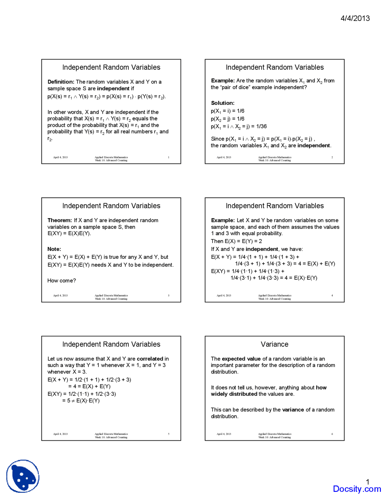 Independent Random Variables Applied Discrete Mathematics Lecture