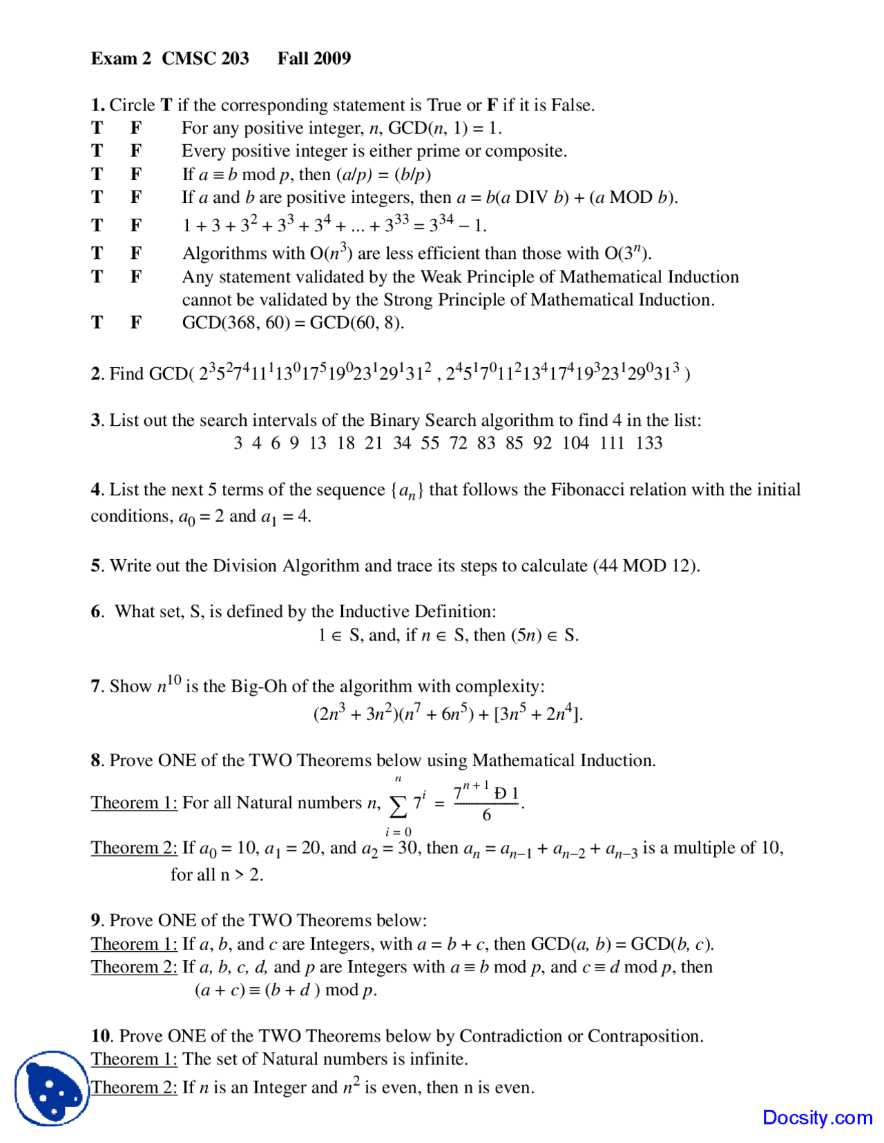 Positive Integer Discrete Structures Exam Docsity