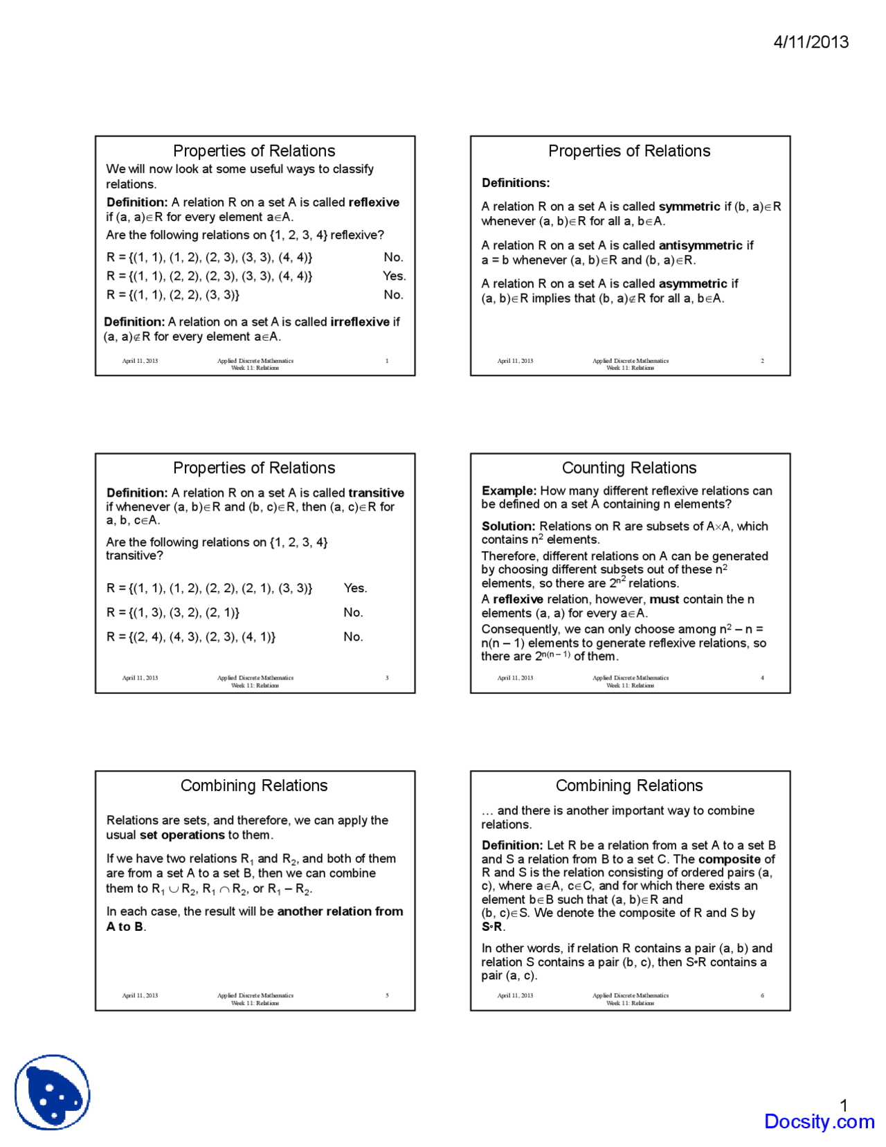 Properties Of Relations Applied Discrete Mathematics Lecture Slides