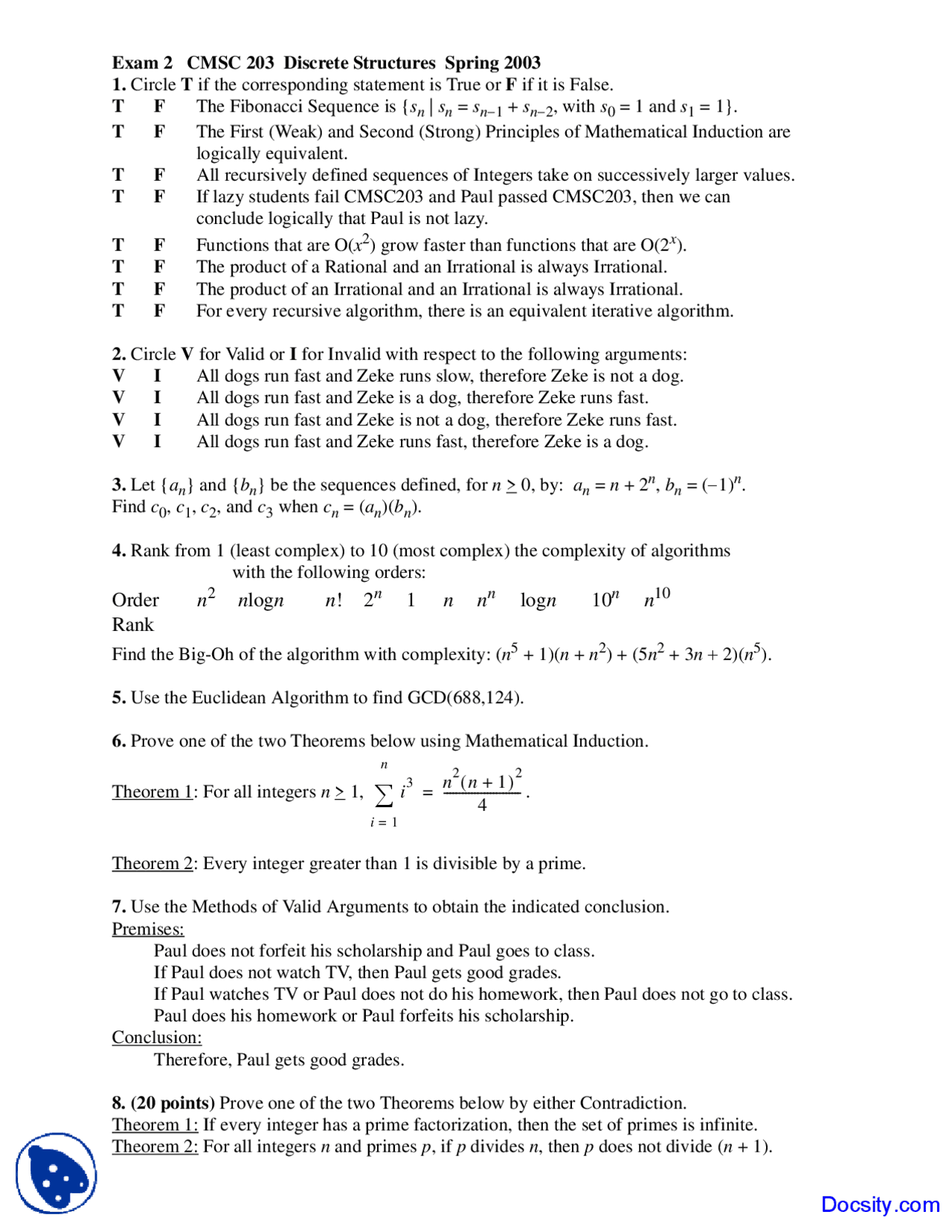 Fibonacci Sequence Discrete Structures Exam Docsity
