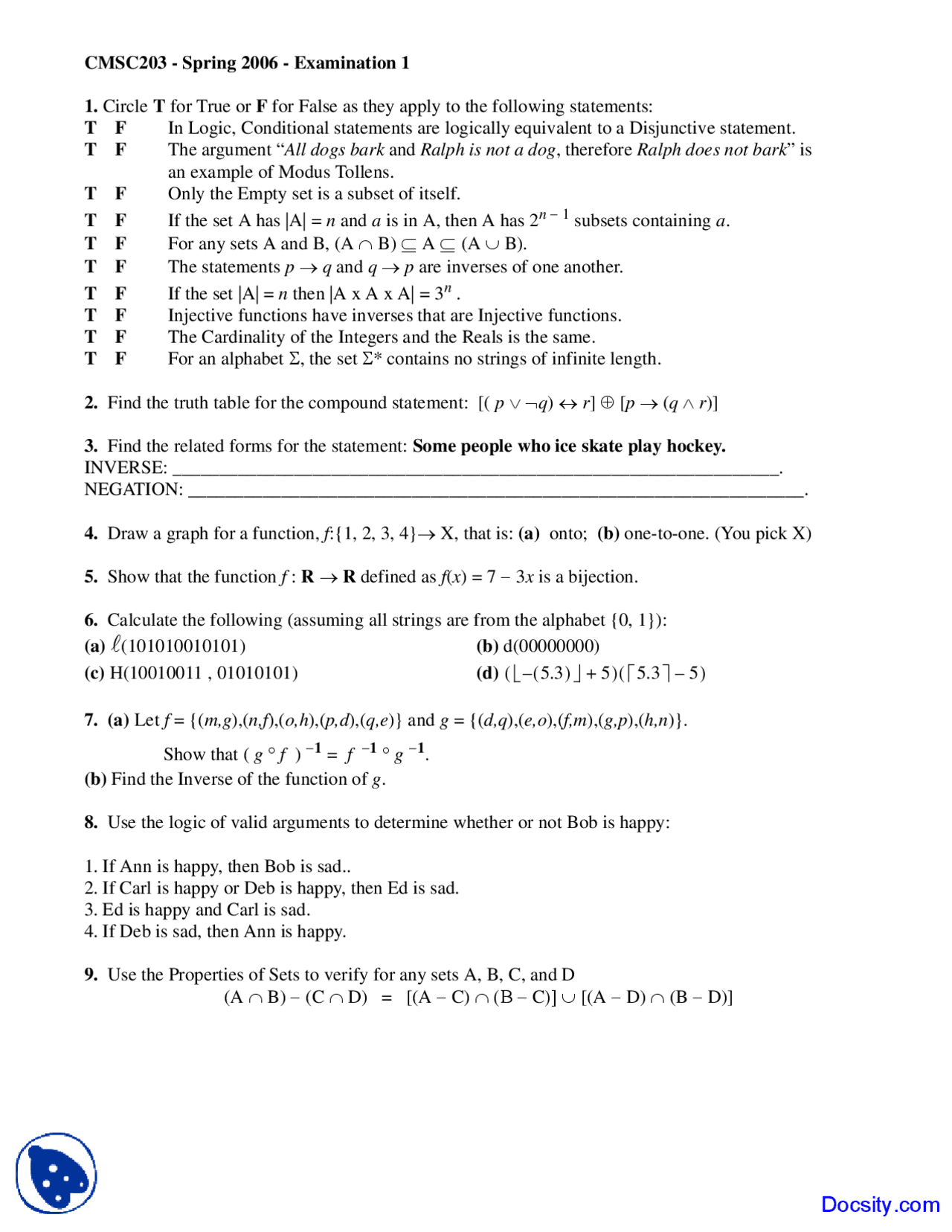 Cardinality Of Integers Discrete Structures Exam Docsity