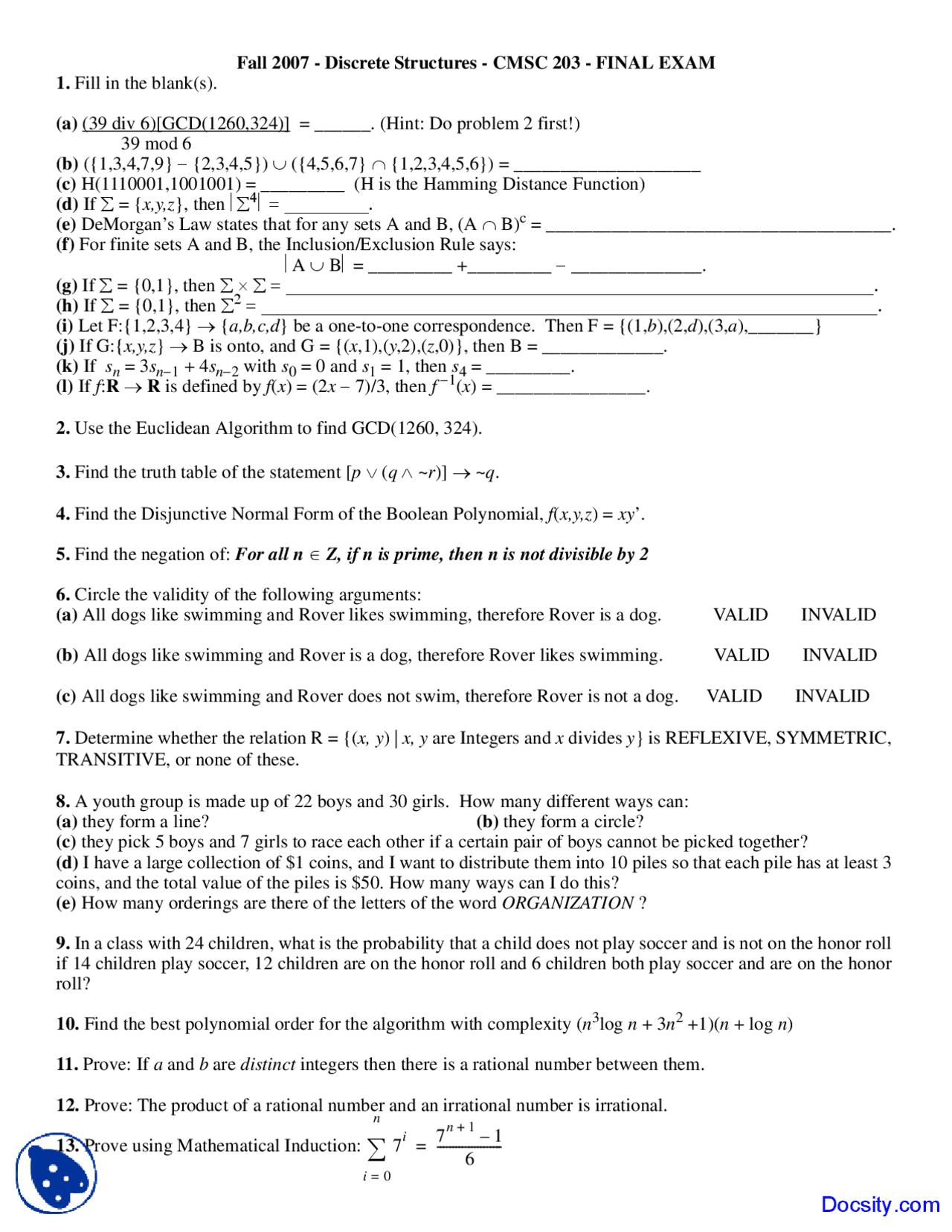Hamming Distance Function - Discrete Structures - Exam - Docsity