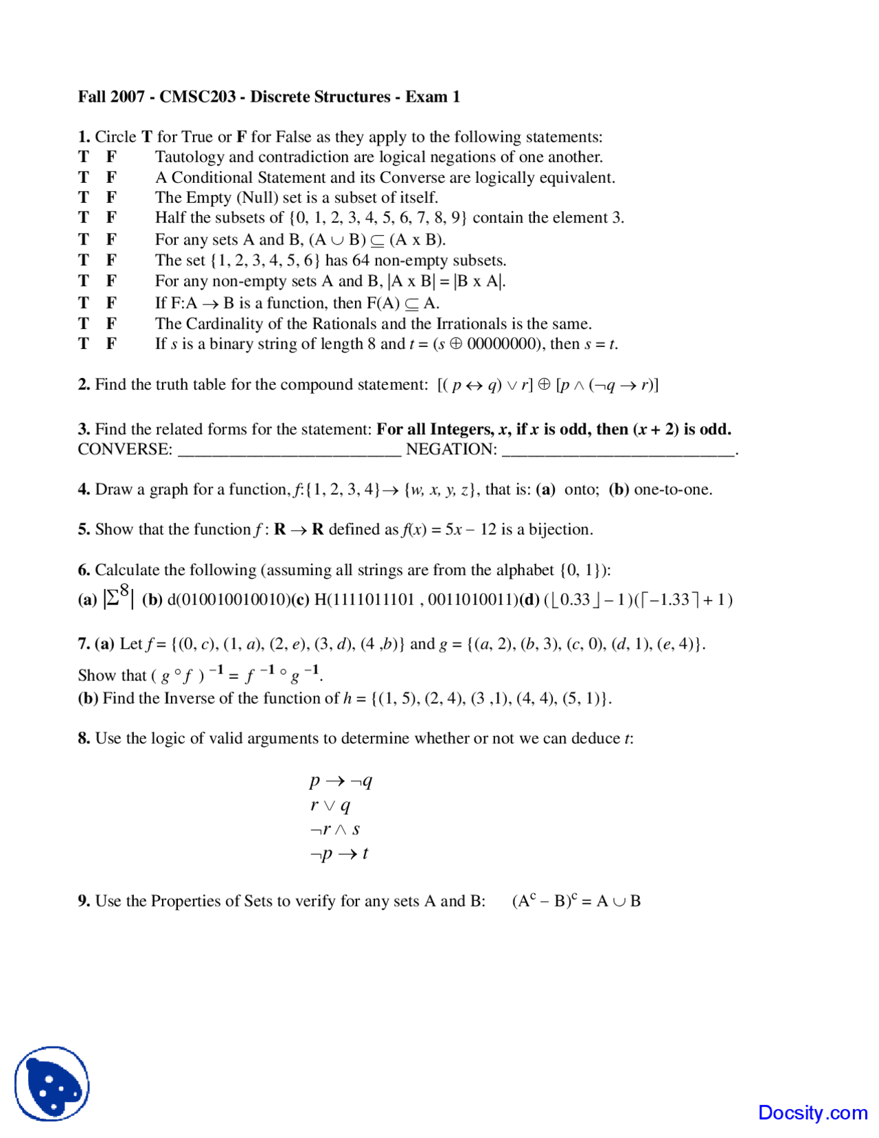 Logical Negations Discrete Structures Exam Docsity
