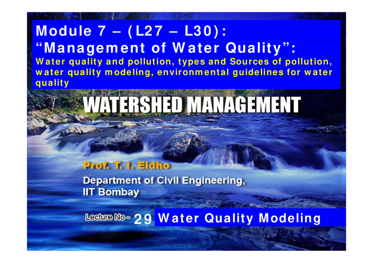 Water Quality Modeling Watershed Management Lecture Slides Docsity