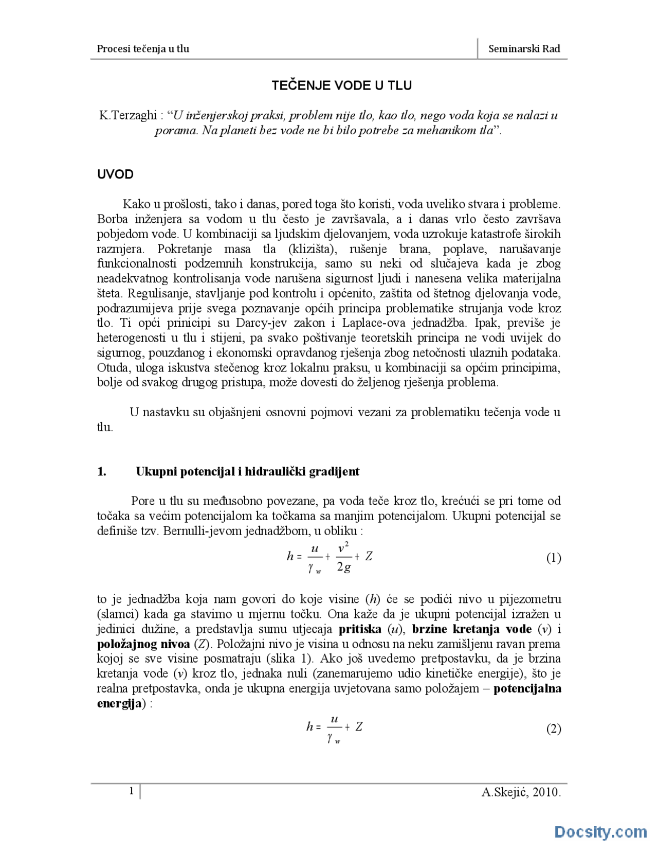 Procesi tečenja vode u tlu | Seminarski radovi' predlog Hemijska i geohemijska analiza tla - Docsity