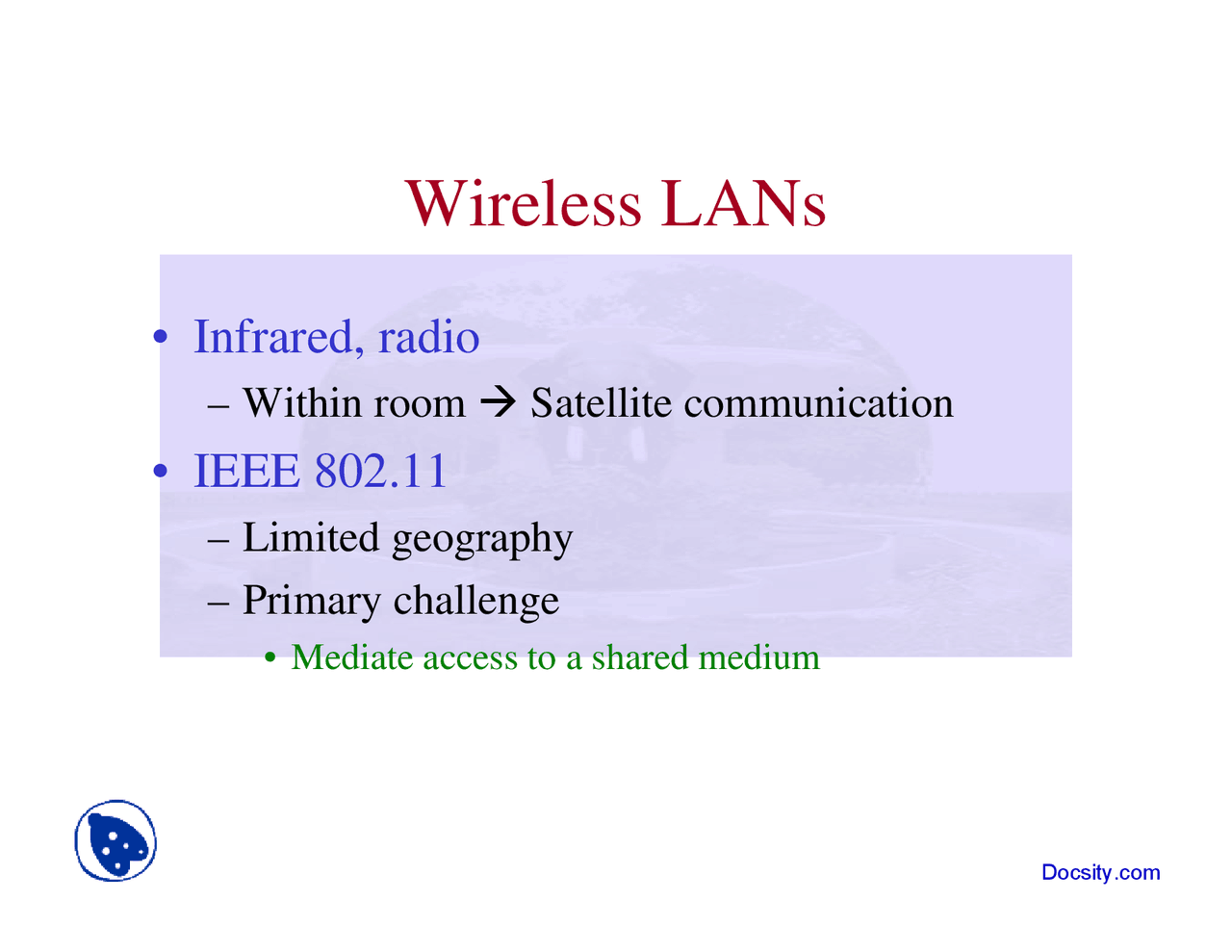 Wireless LANs - Computer Networks - Lecture Slides - Docsity