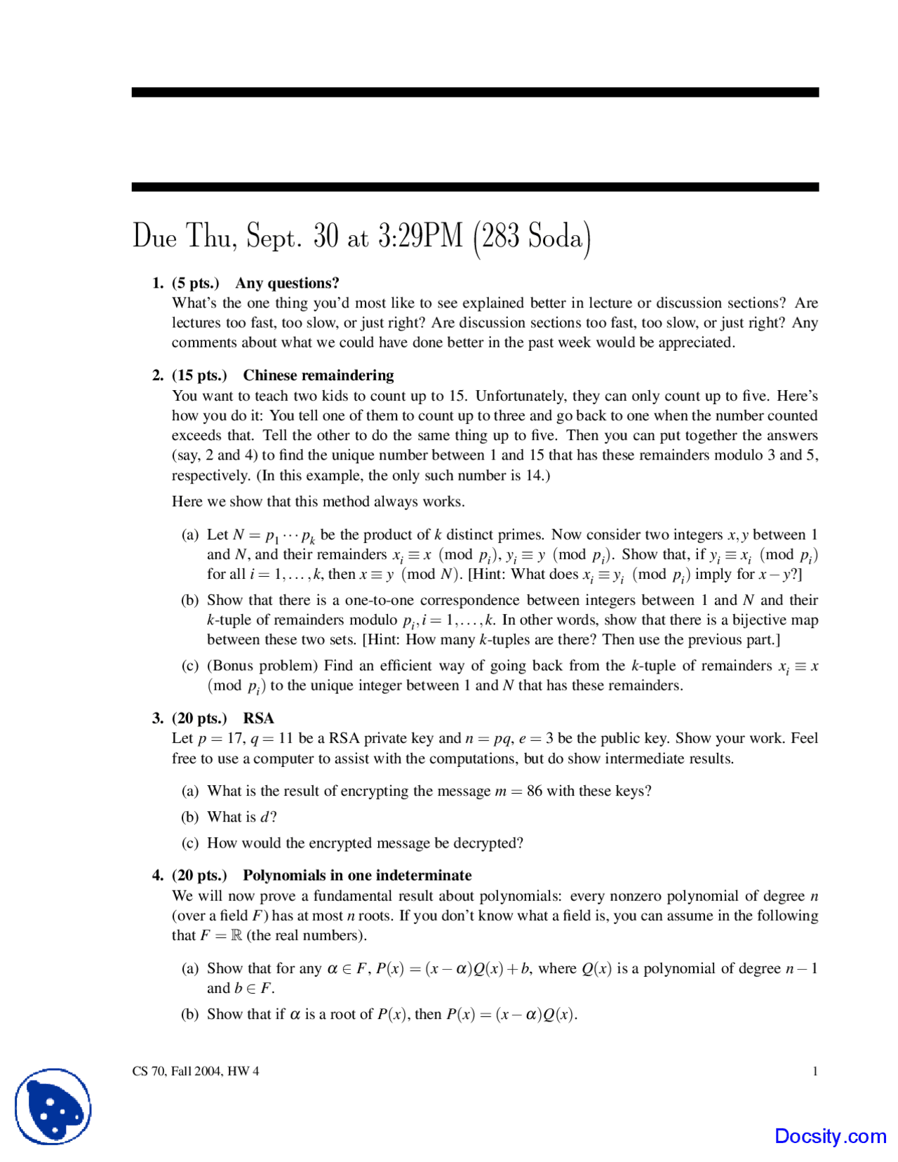 Chinese Remaindering - Discrete Mathematics and Probability Theory ...