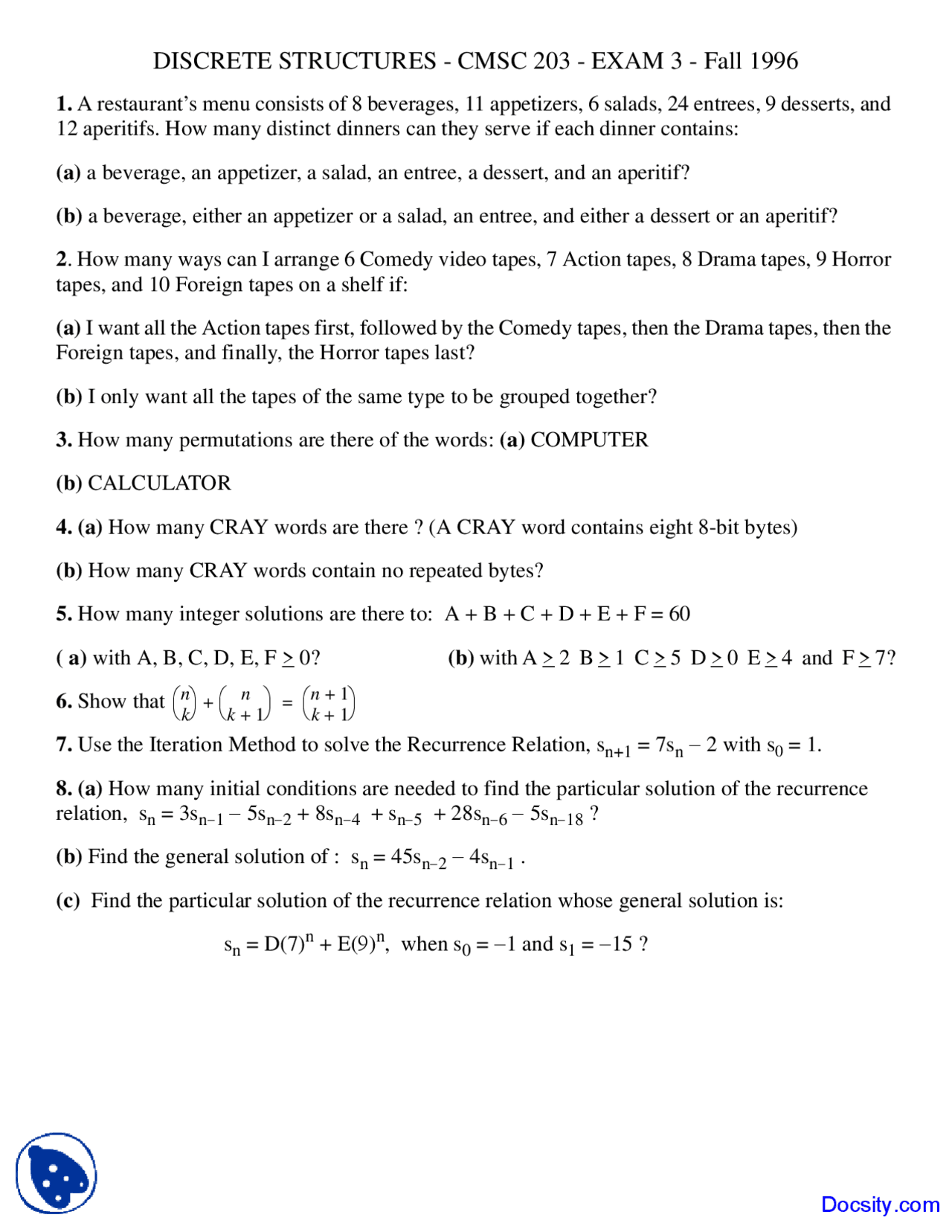 Integer Solutions Discrete Structures Exam Docsity