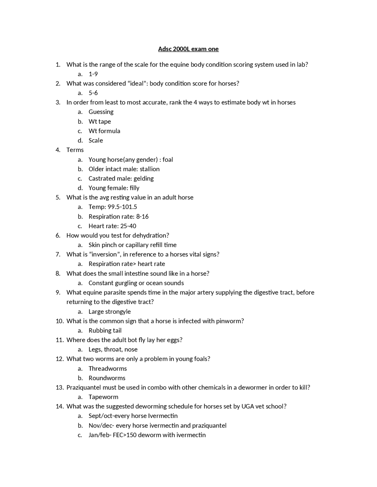 Exam 1 - Practicum in Animal and Dairy Science | ADSC 2000 - Docsity