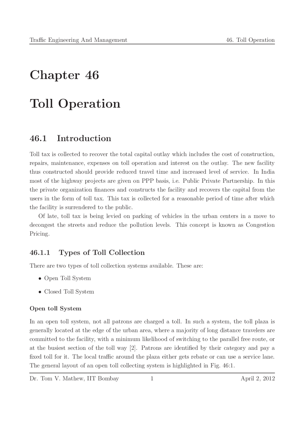 Toll Operation - Traffic Engineering and Management - Lecture Notes ...