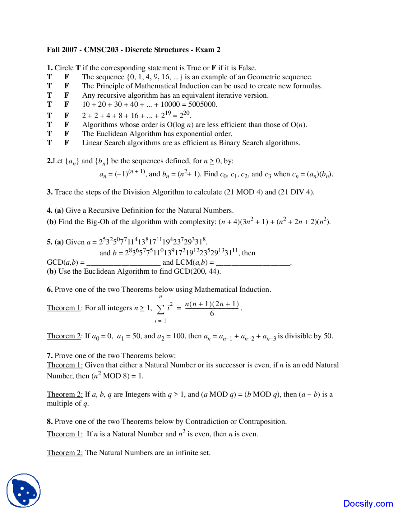 Geometric Sequence Discrete Structures Exam Docsity