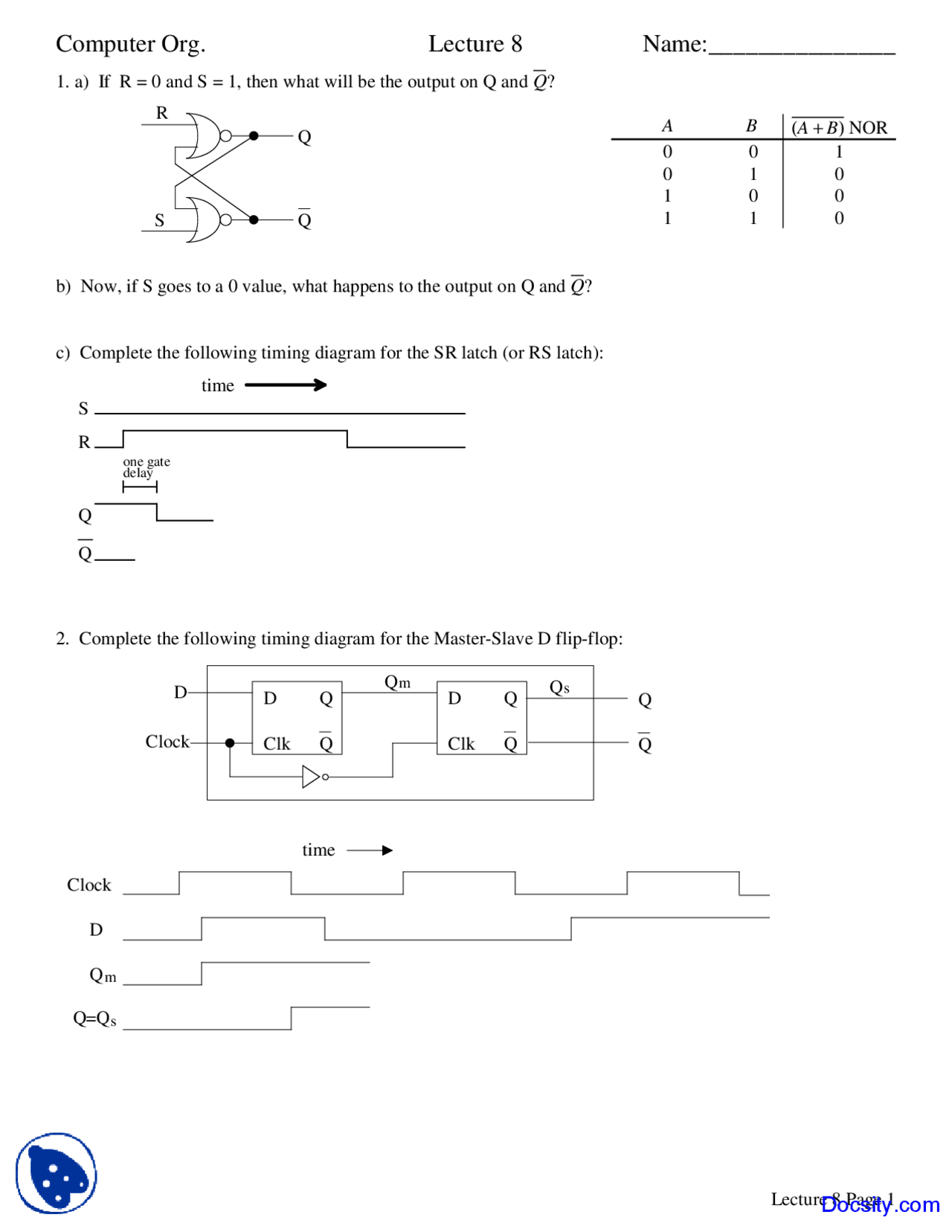 Timing Diagram Computer Organization Homework Docsity